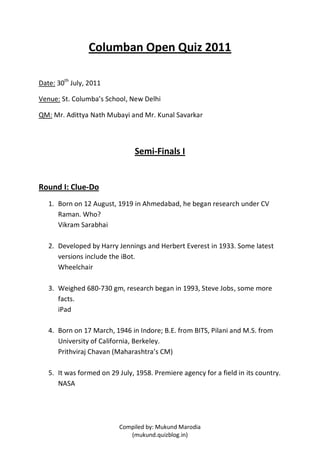 Columban Open Quiz 2011 Semis | PDF