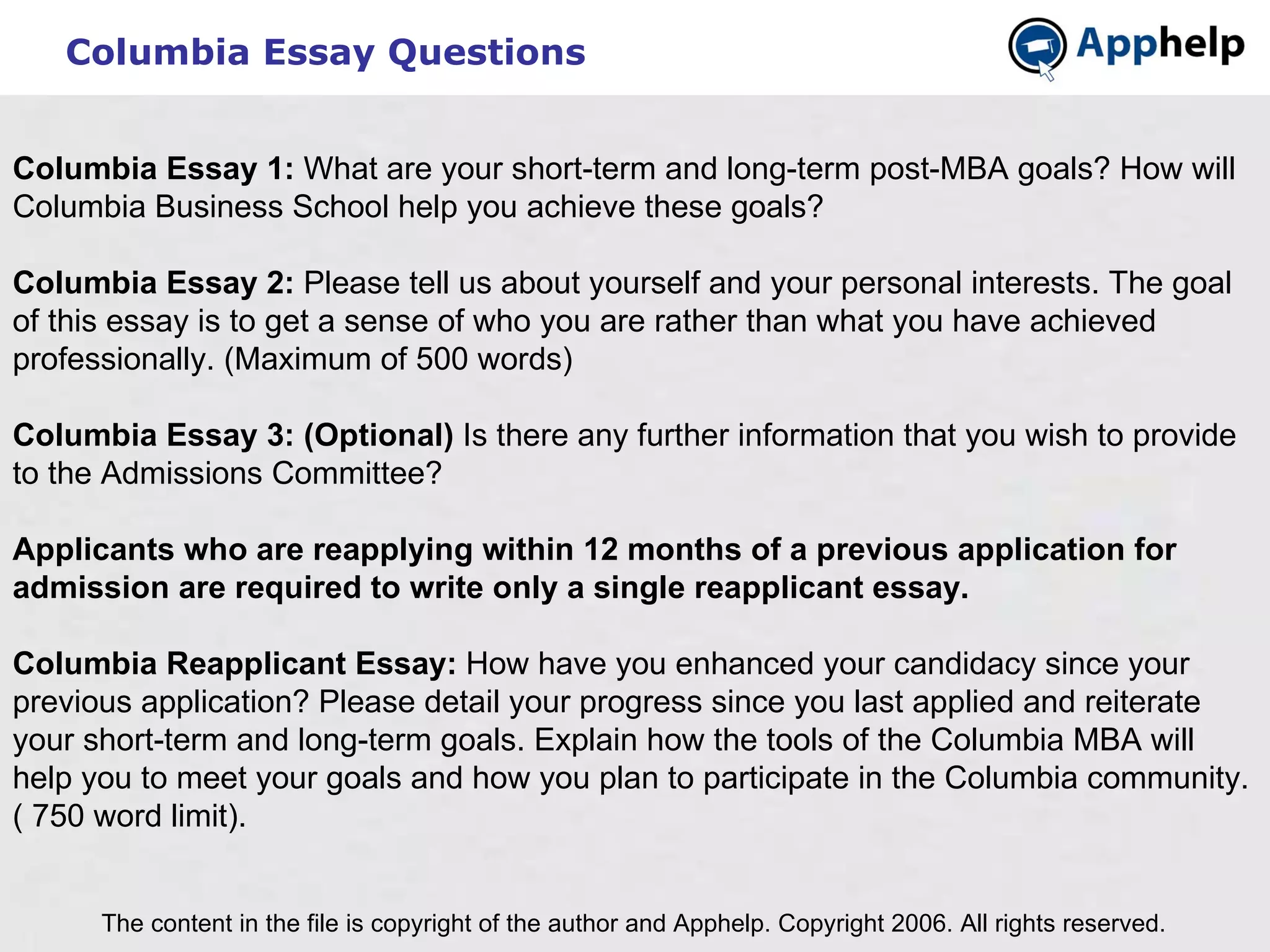 Columbia essay questions | PPT