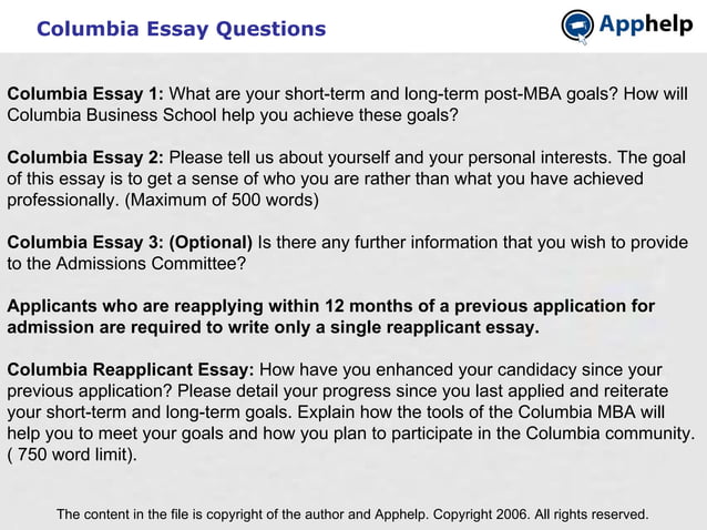 Columbia essay questions | PPT