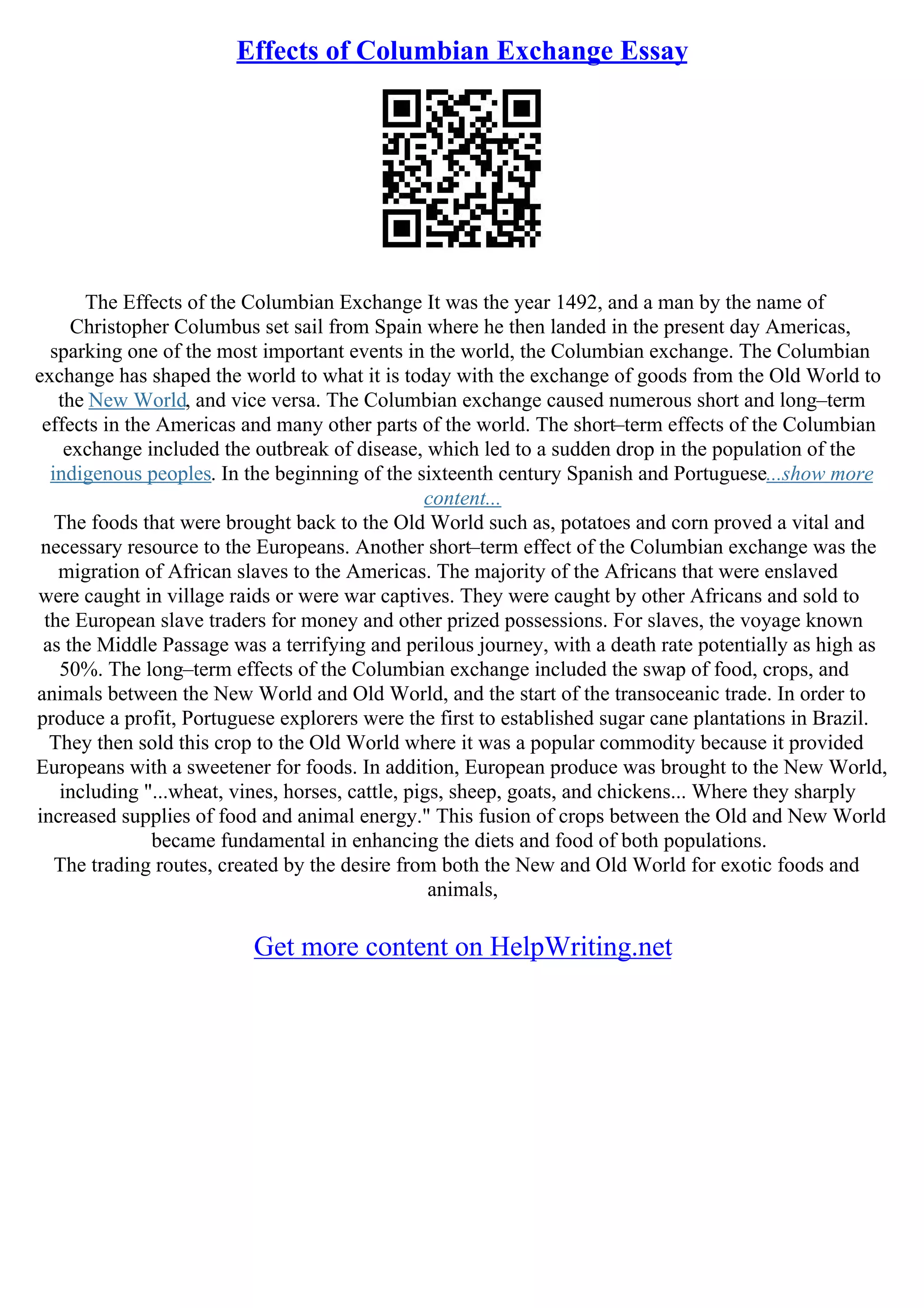 Columbian Exchange Essay | PDF | North America Travel | Travel Locations