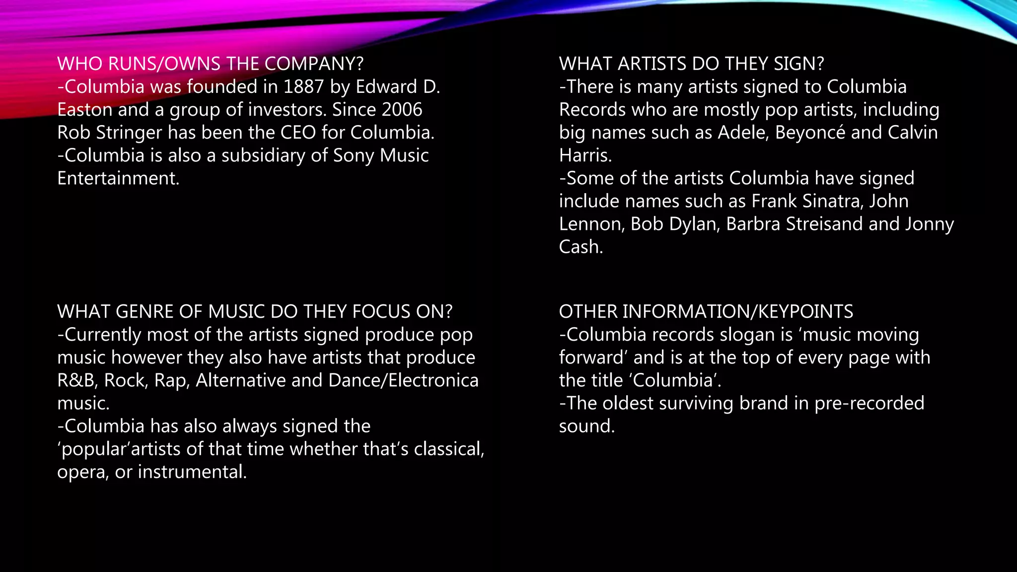 Columbia Records FACT FILE | PPTX | Music | Entertainment