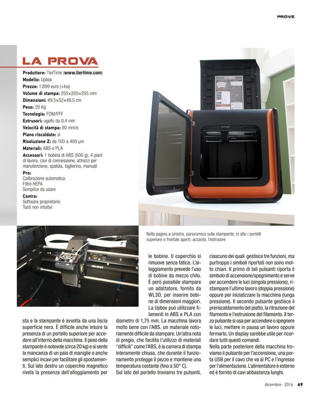 Recensione stampante 3D Tiertime Up Box distribuita da WL3D | PDF