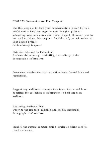 COM 225 Communication Plan TemplateUse this template to draft | DOCX