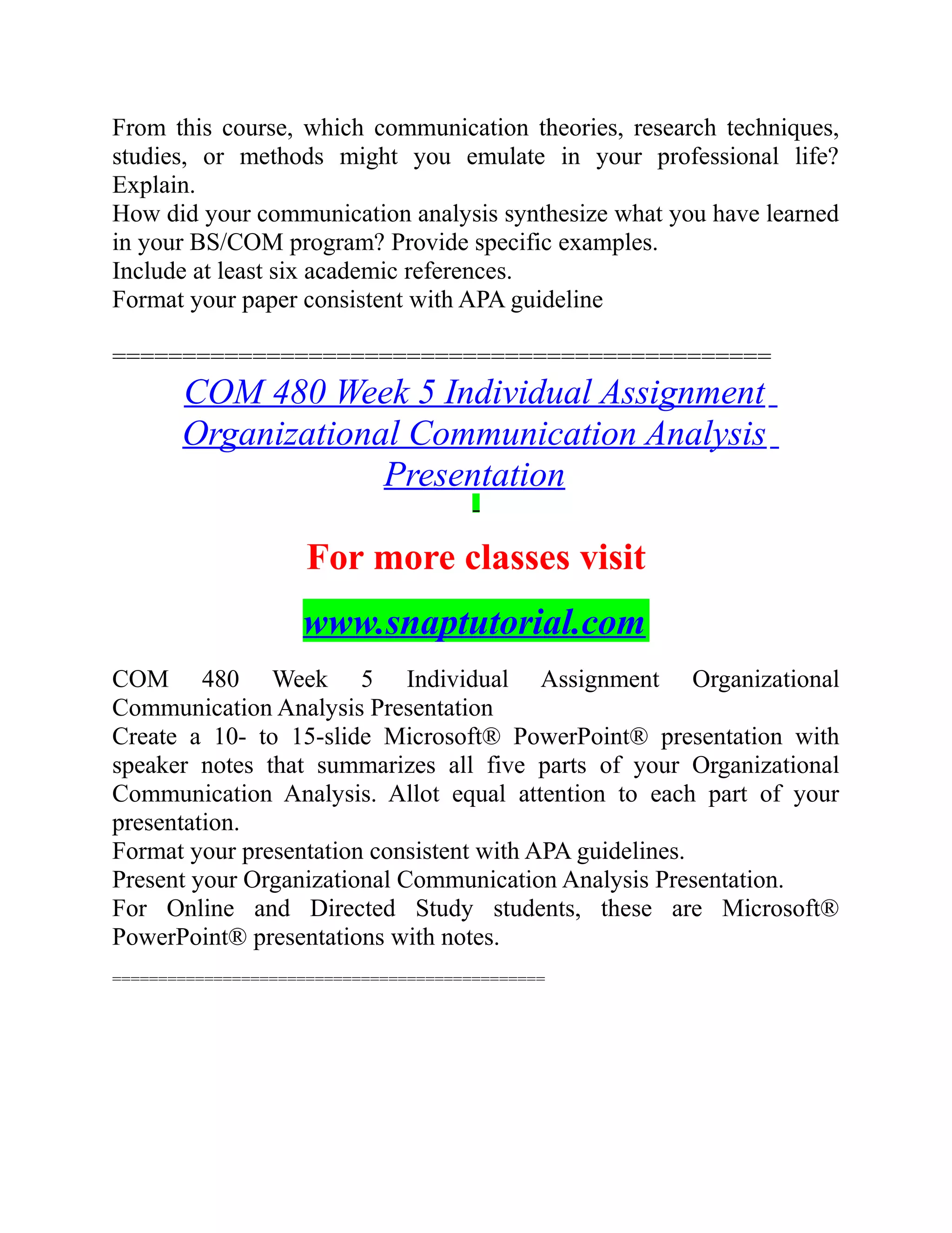 Com 480 Effective Communication-snaptutorial.com