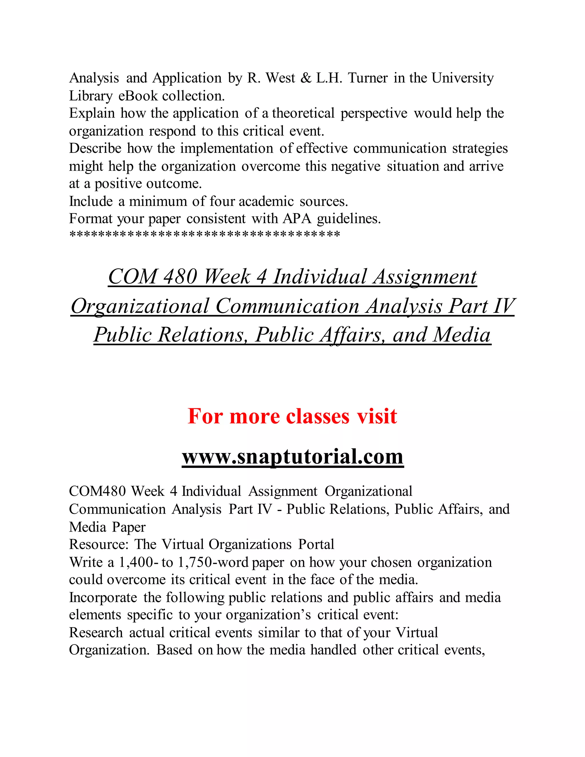 COM 480 Education Organization / snaptutorial.com