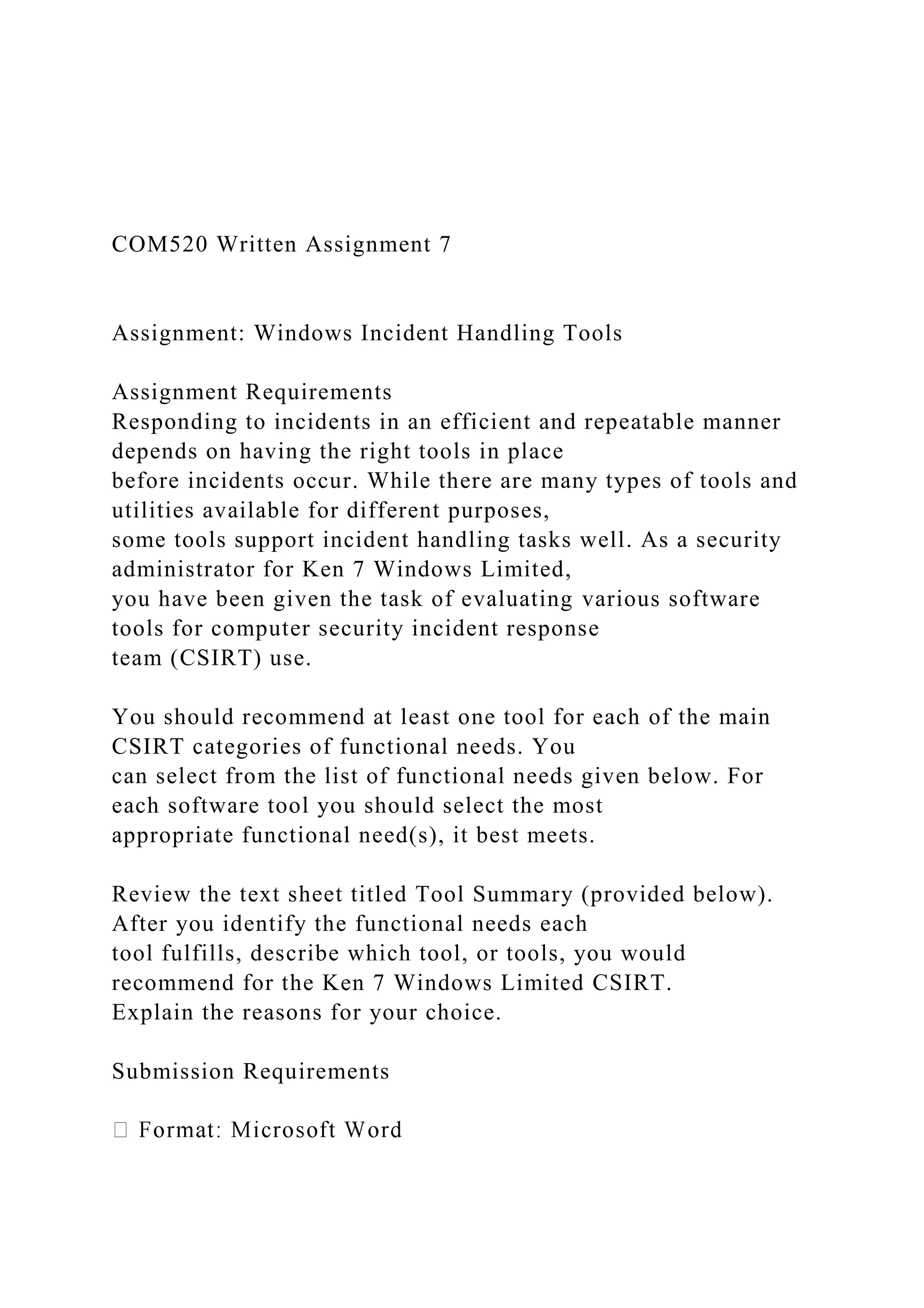 COM520 Written Assignment 7 Assignment Windows Incident.docx