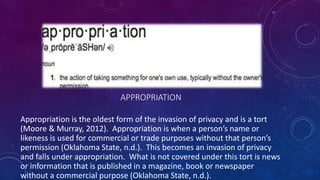 Com 530 7-1- presentation- false light and appropriation (1) | PPTX | Law