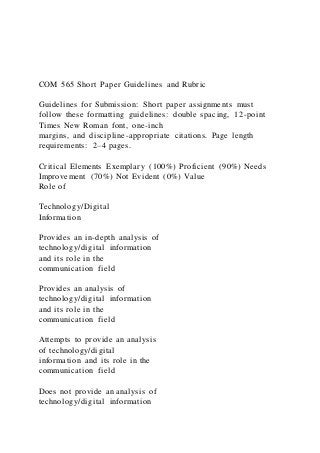 COM 565 Short Paper Guidelines and RubricGuidelines for Su | DOCX