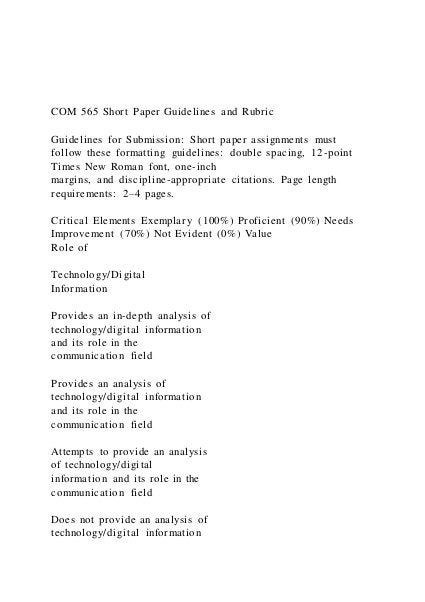 COM 565 Short Paper Guidelines and RubricGuidelines for Su | DOCX