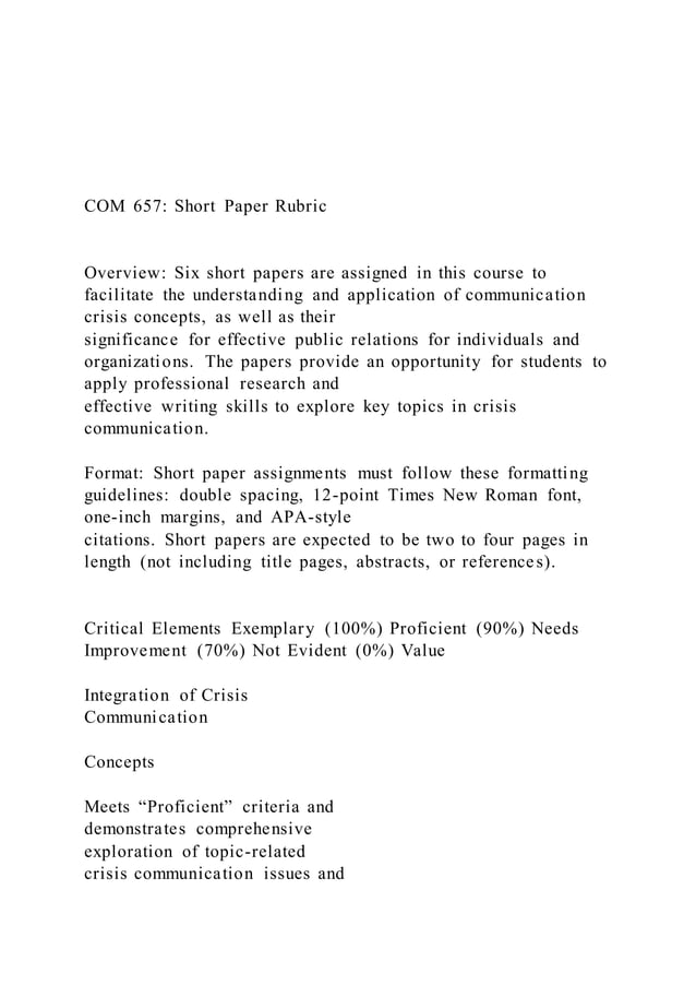 COM 657 Short Paper Rubric Overview Six short paper | PDF