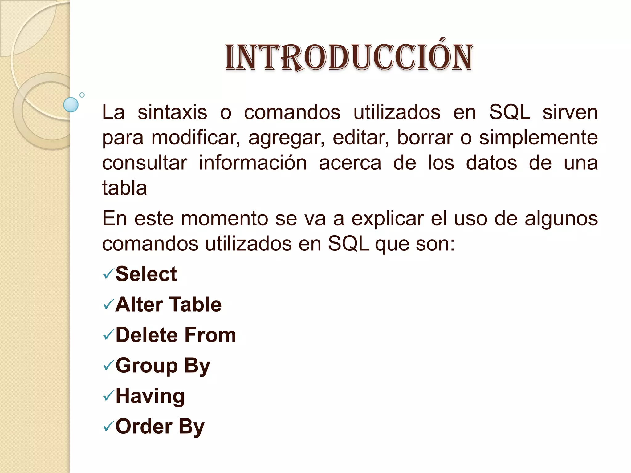 Comandos utilizados en sql | PPT