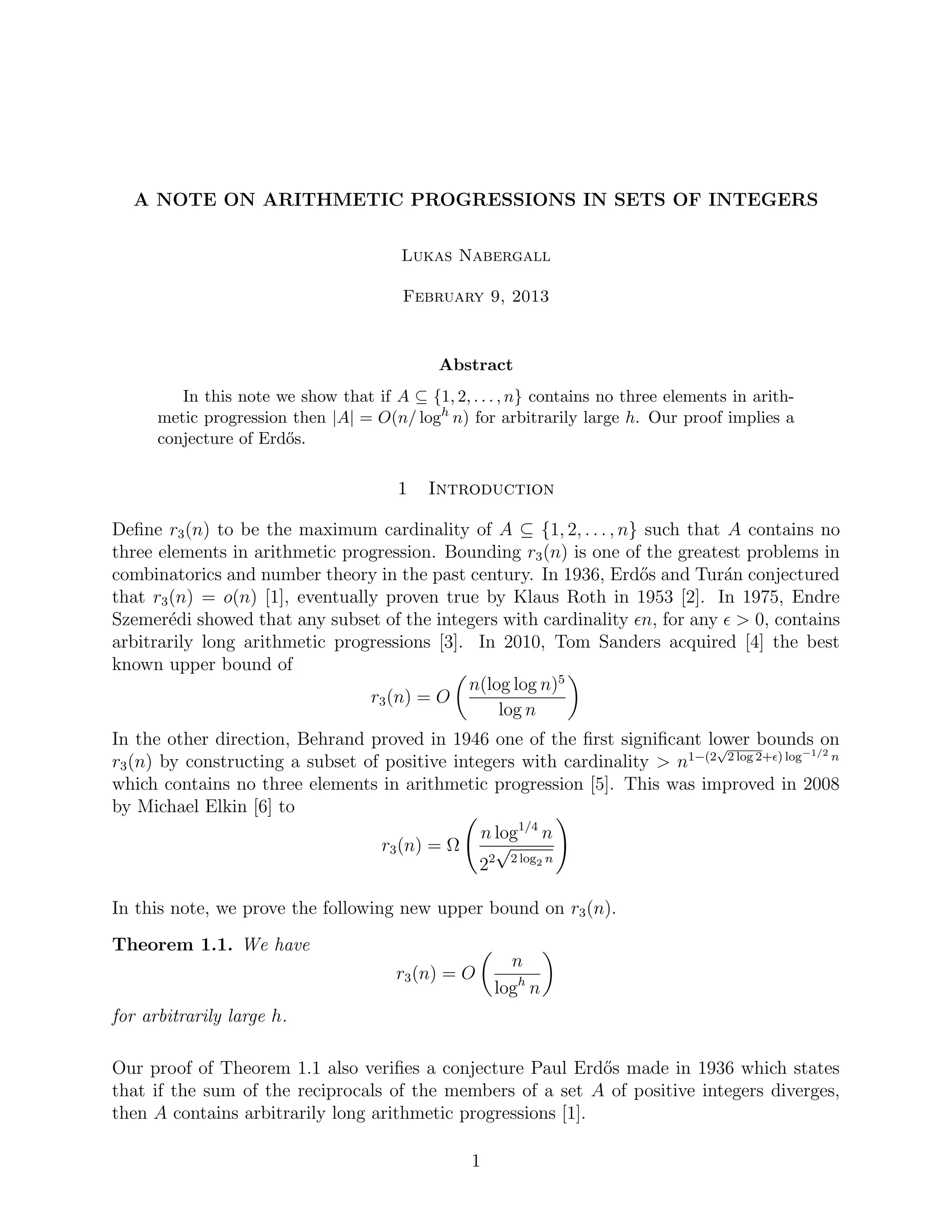 A note on arithmetic progressions in sets of integers | PDF