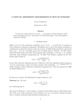 A note on arithmetic progressions in sets of integers | PDF