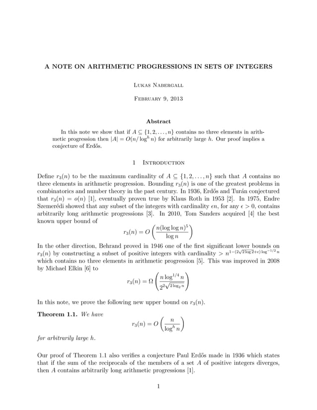 A note on arithmetic progressions in sets of integers | PDF