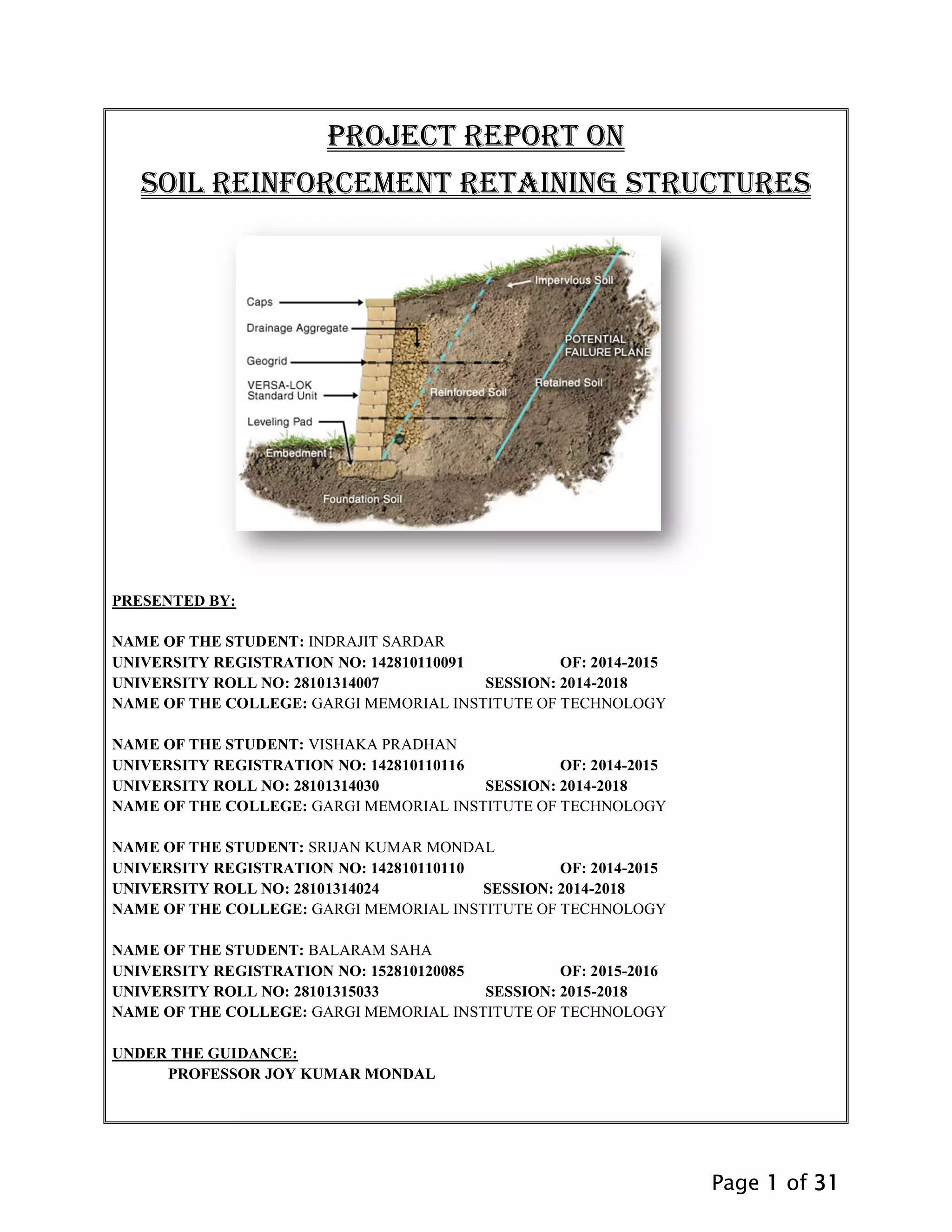 PROJECT REPORT ON SOIL REINFORCEMENT RETAINING STRUCTURES | PDF | Civil Engineering Industry ...