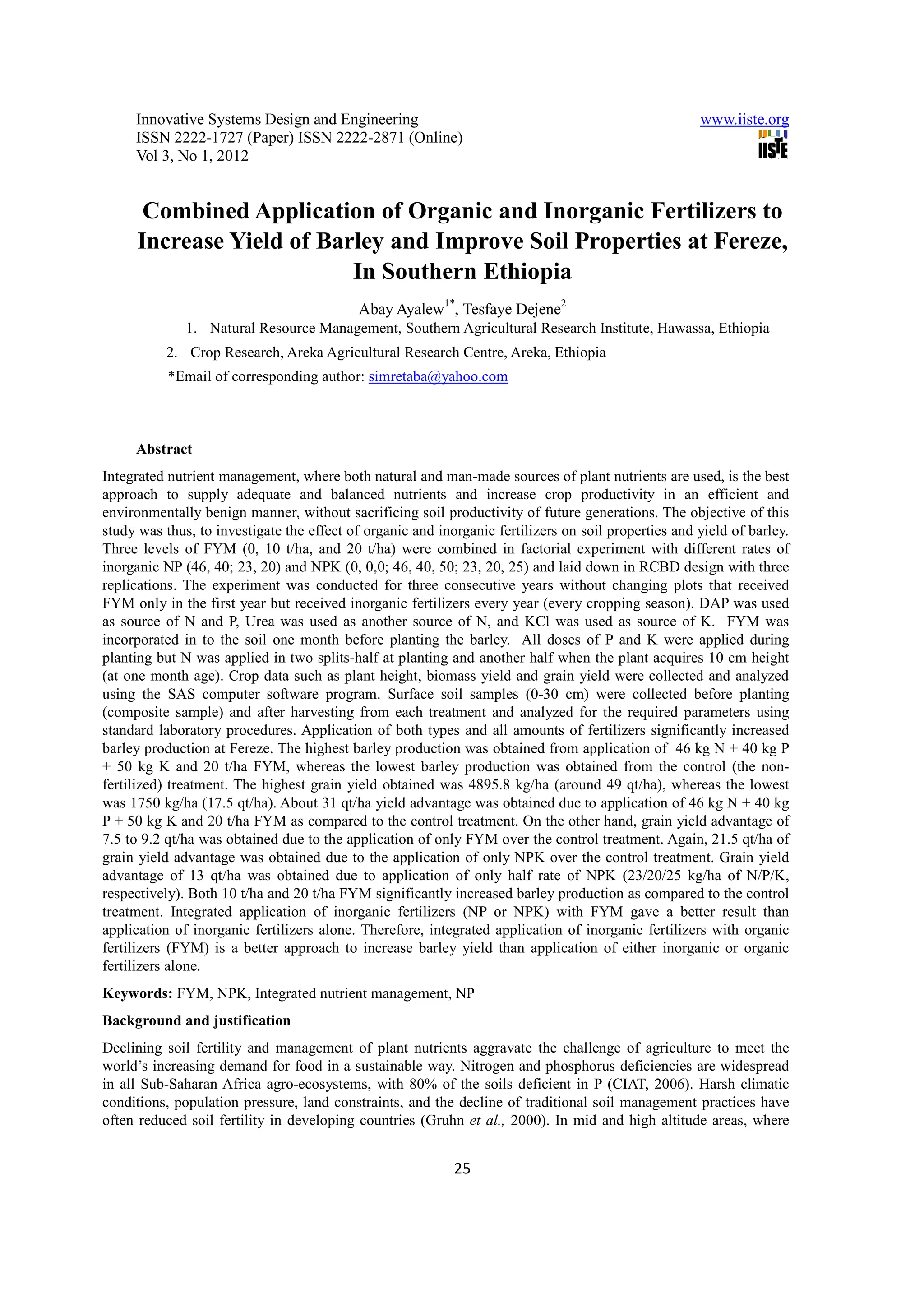 Combined application of organic and inorganic fertilizers to increase yield of barley and ...