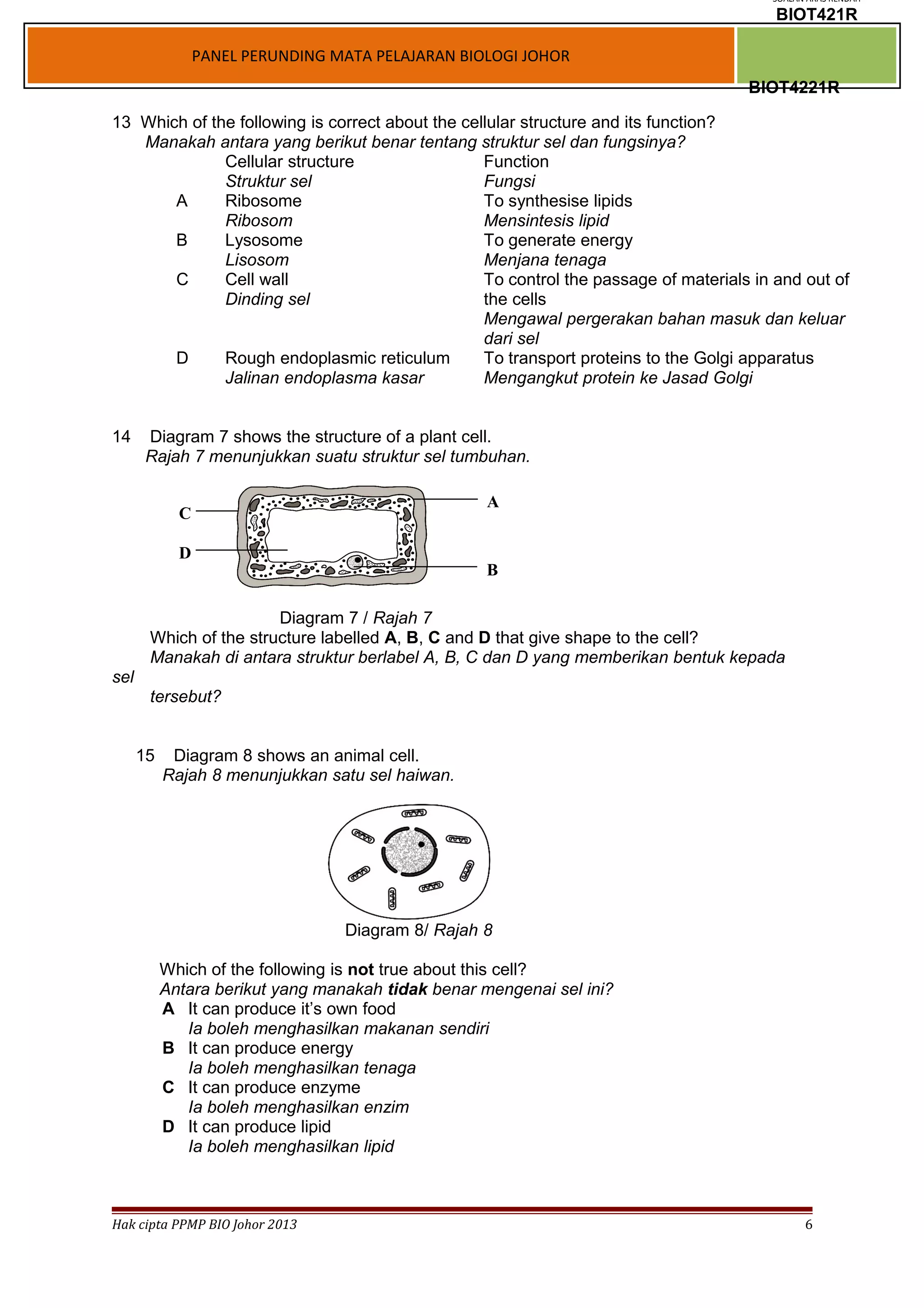 SOALAN OBJEKTIF STRUKTUR SEL DAN FUNGSINYA | DOC