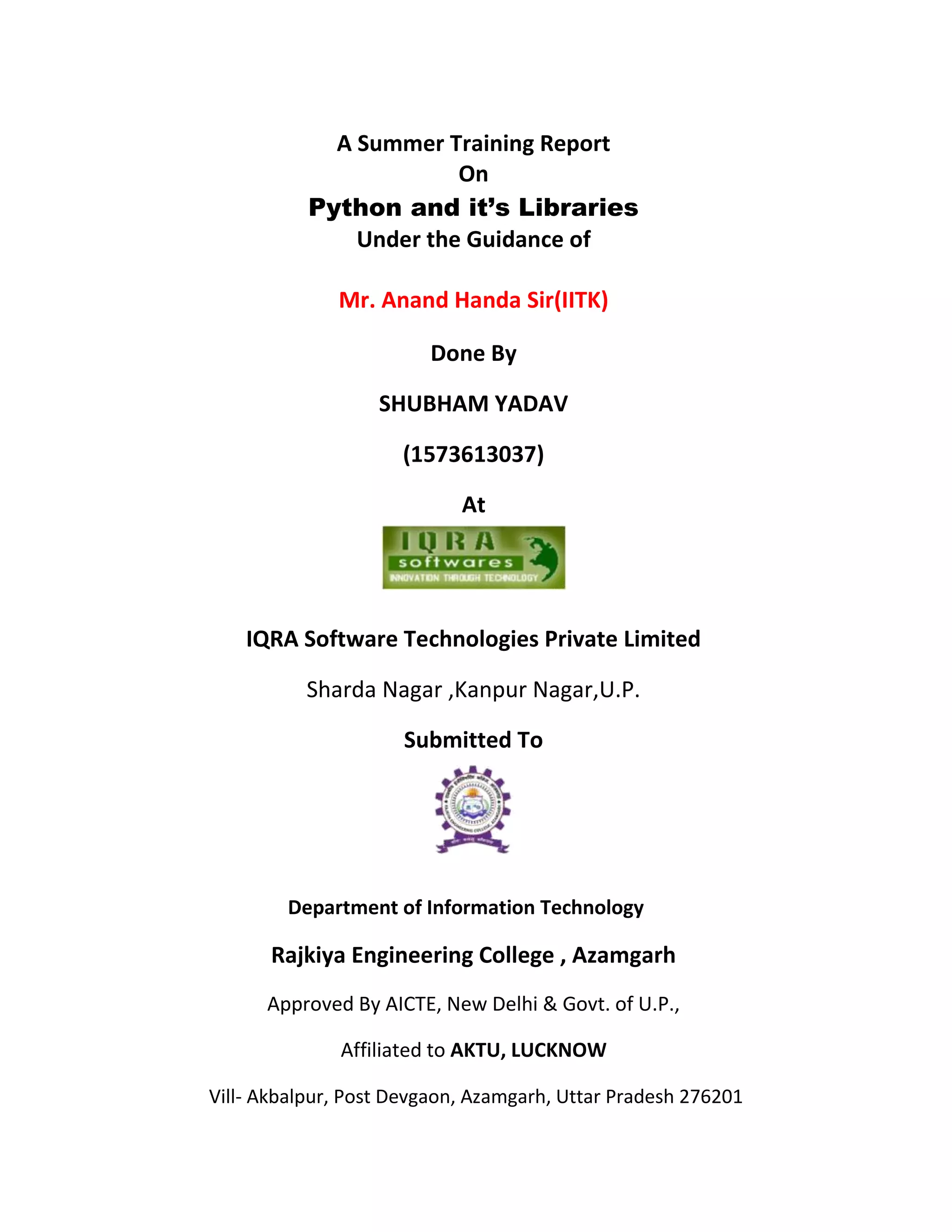 summer training report on python | PDF