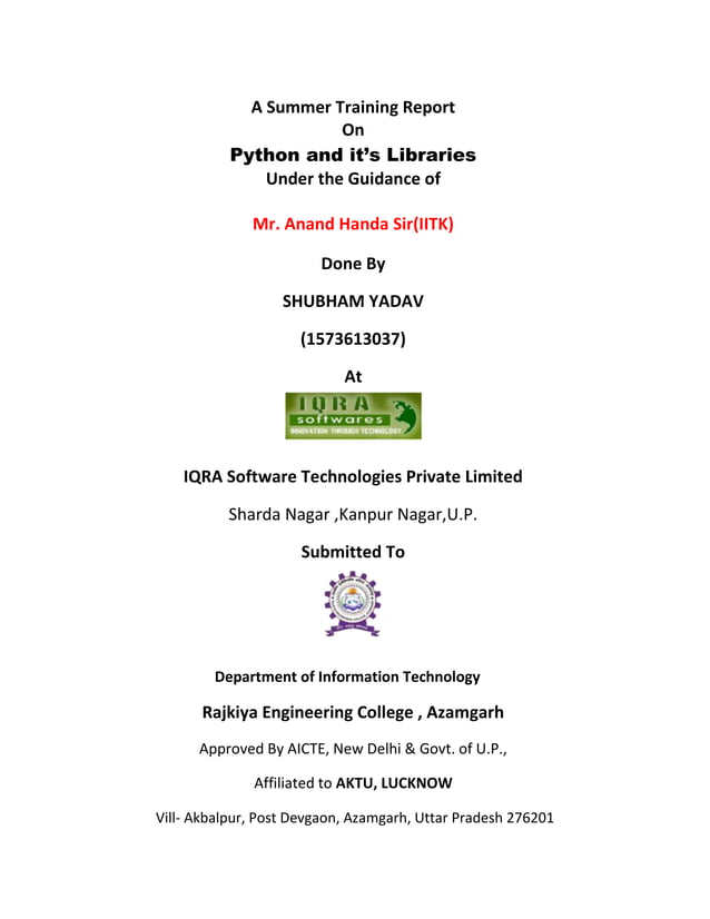 summer training report on python | PDF | Programming Languages | Computing