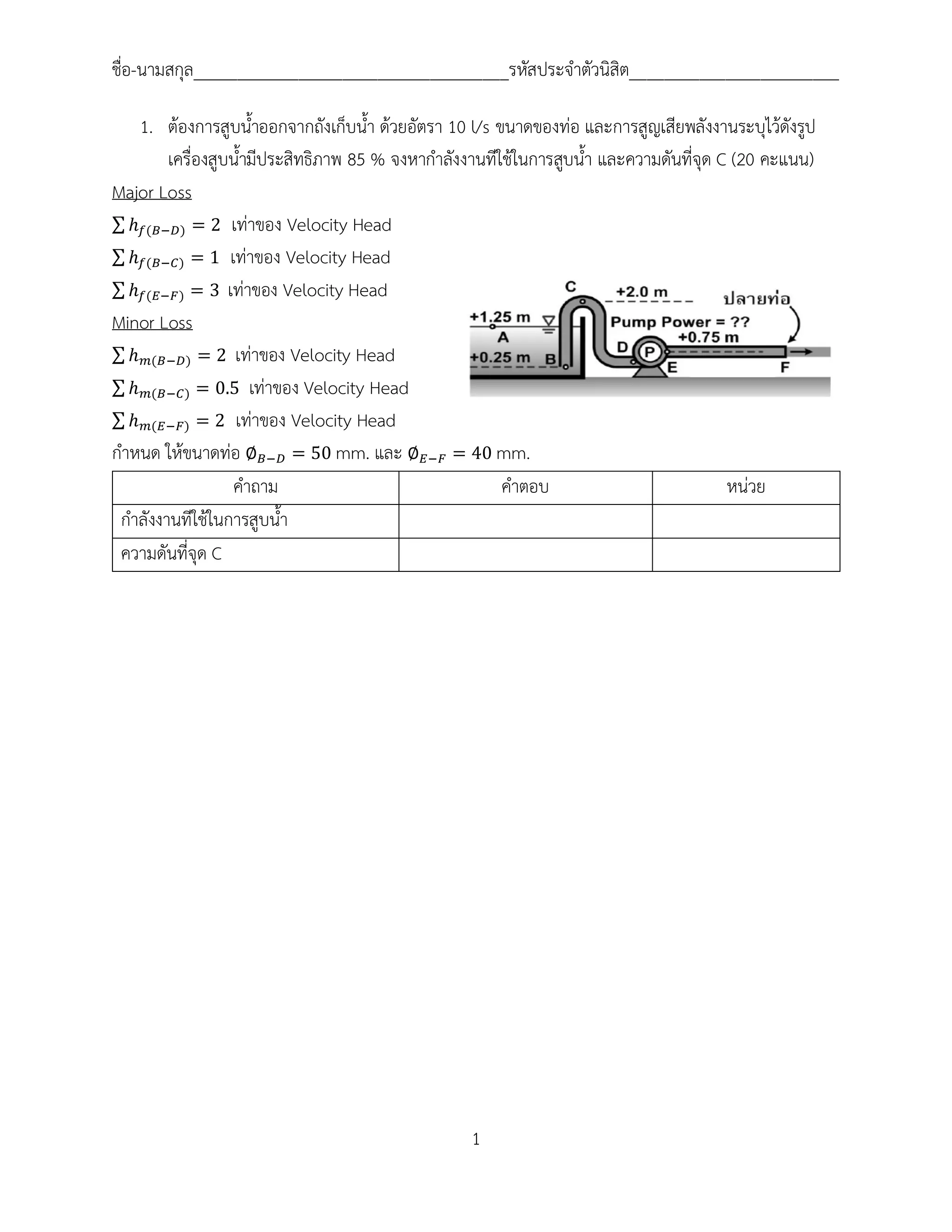ข้อสอบ+เฉลย วิชากลศาสตร์ของไหล (Fluid Mechanics) ปลายภาค ปีการศึกษา 2563 เทอม 1 | PDF