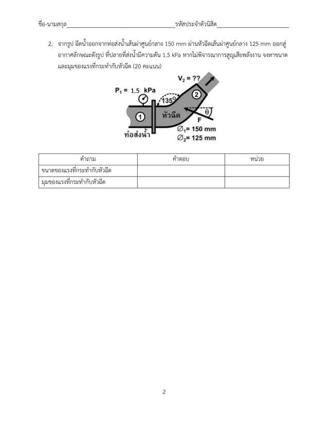 ข้อสอบ+เฉลย วิชากลศาสตร์ของไหล (Fluid Mechanics) ปลายภาค ปีการศึกษา 2563 เทอม 1 | PDF | Physics ...