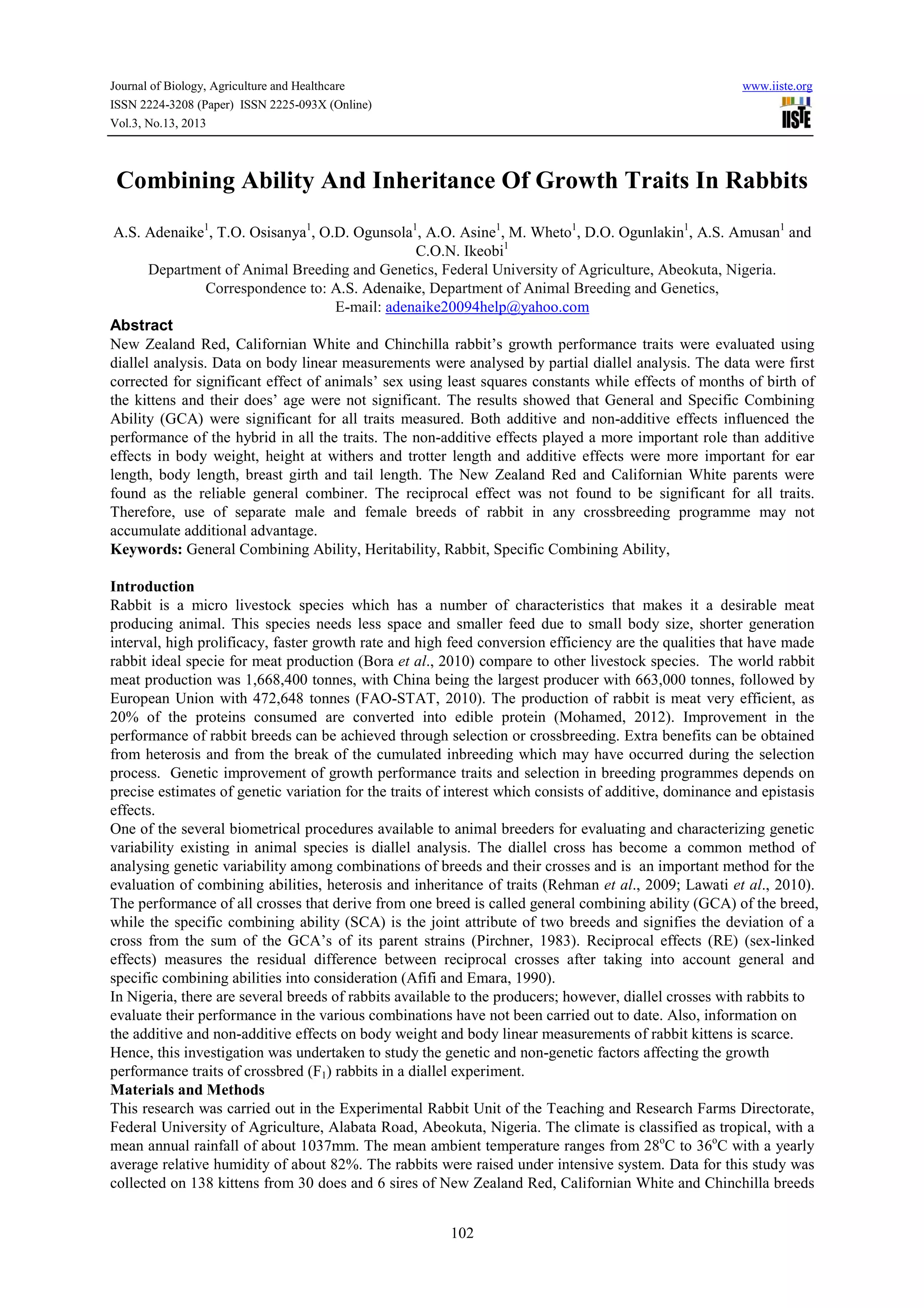 Combining ability and inheritance of growth traits in rabbits | PDF