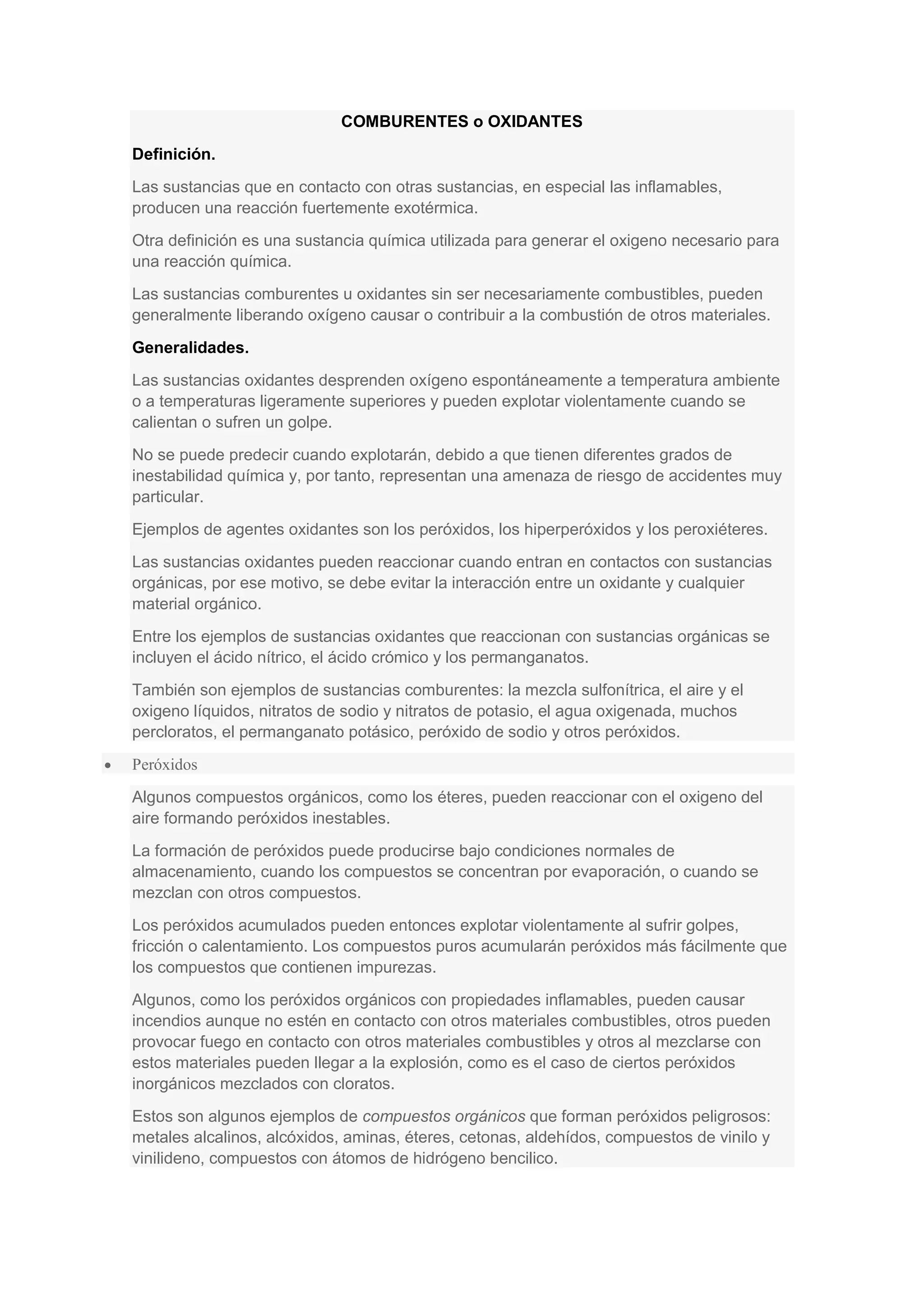Comburentes o oxidantes | DOCX