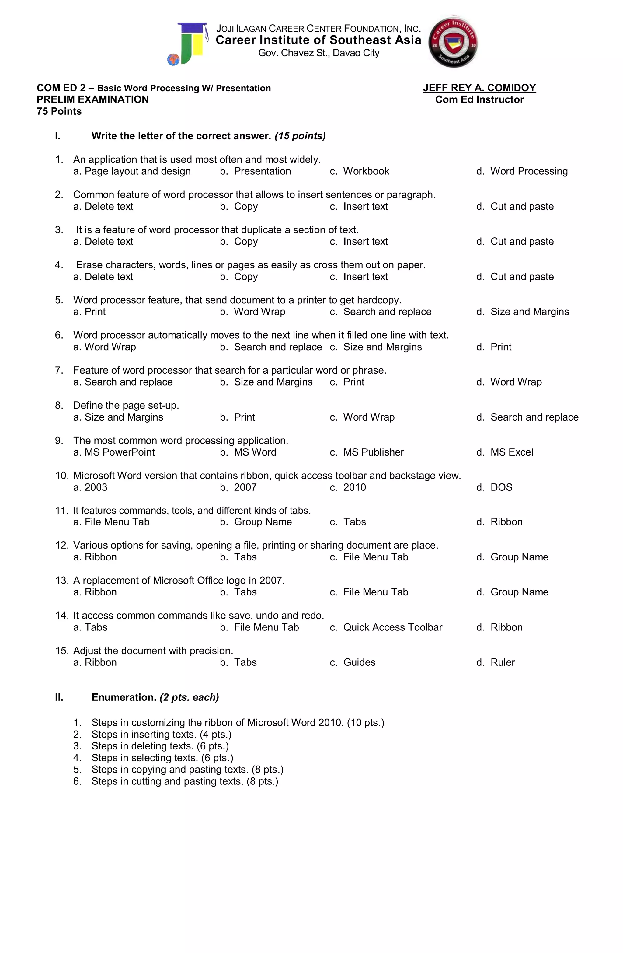 Com ed 2 prelim exam | PDF