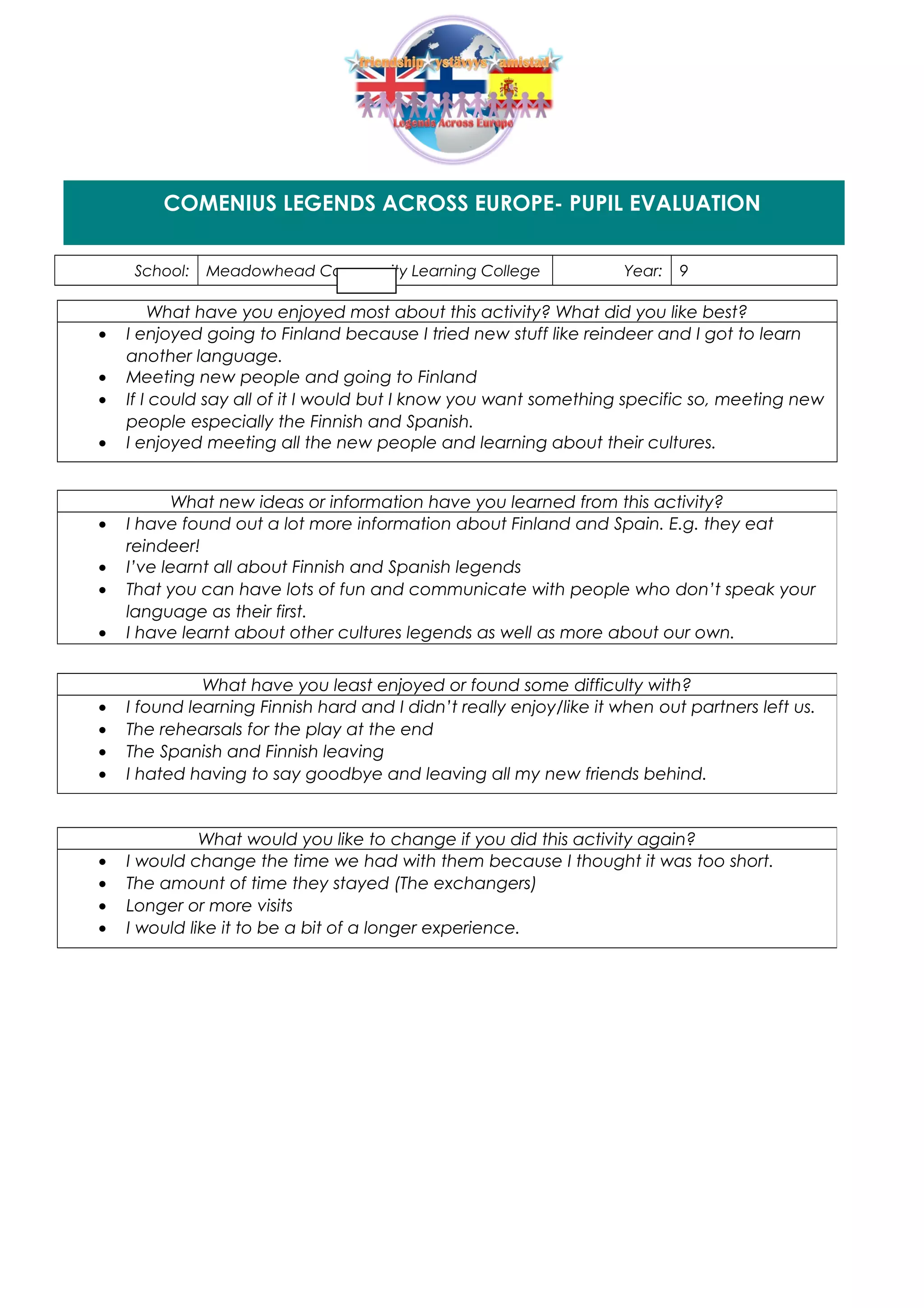 Comenius pupil evaluation meadowhead students (y9) | DOC