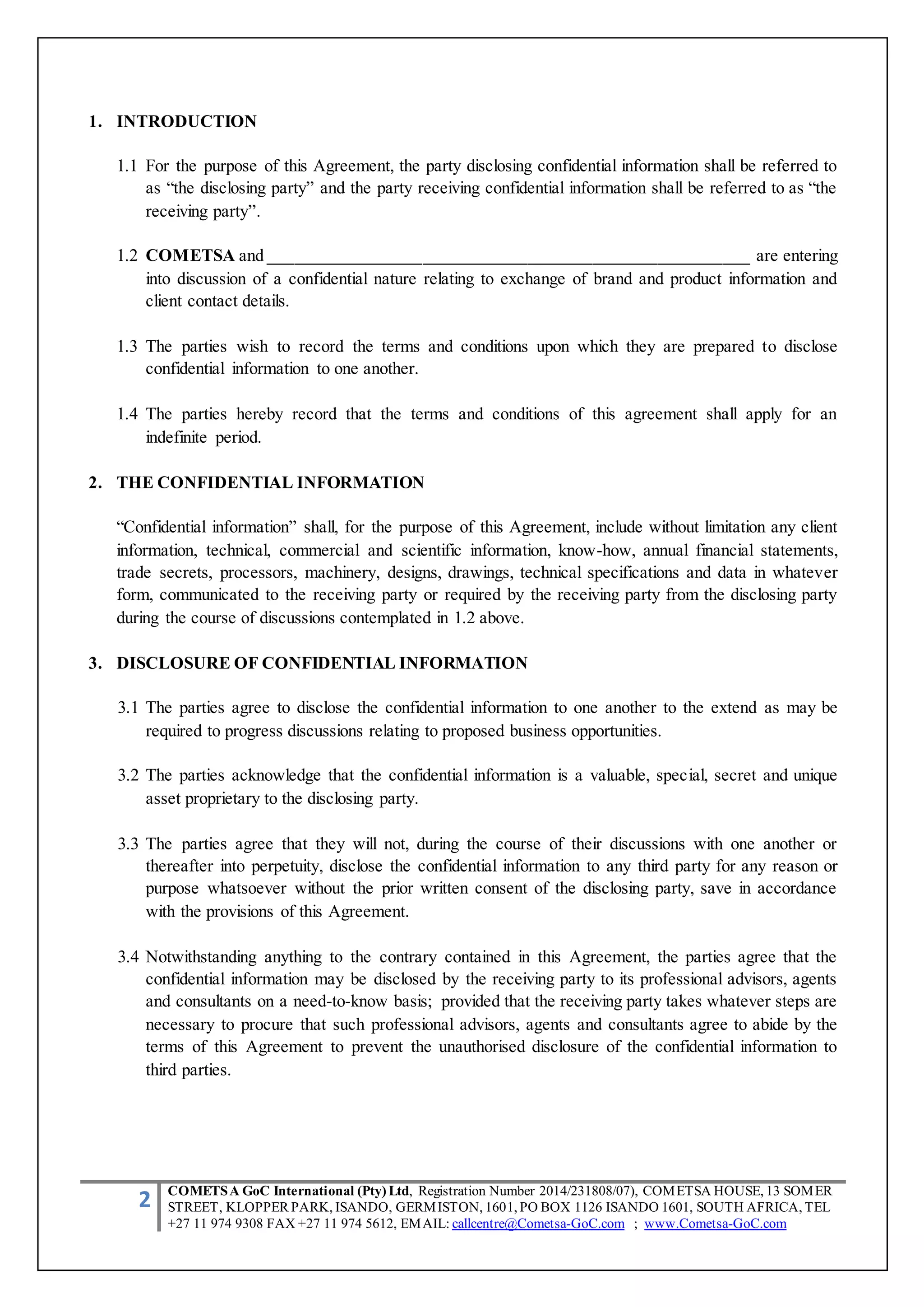 COMETSA NDA Form | PDF