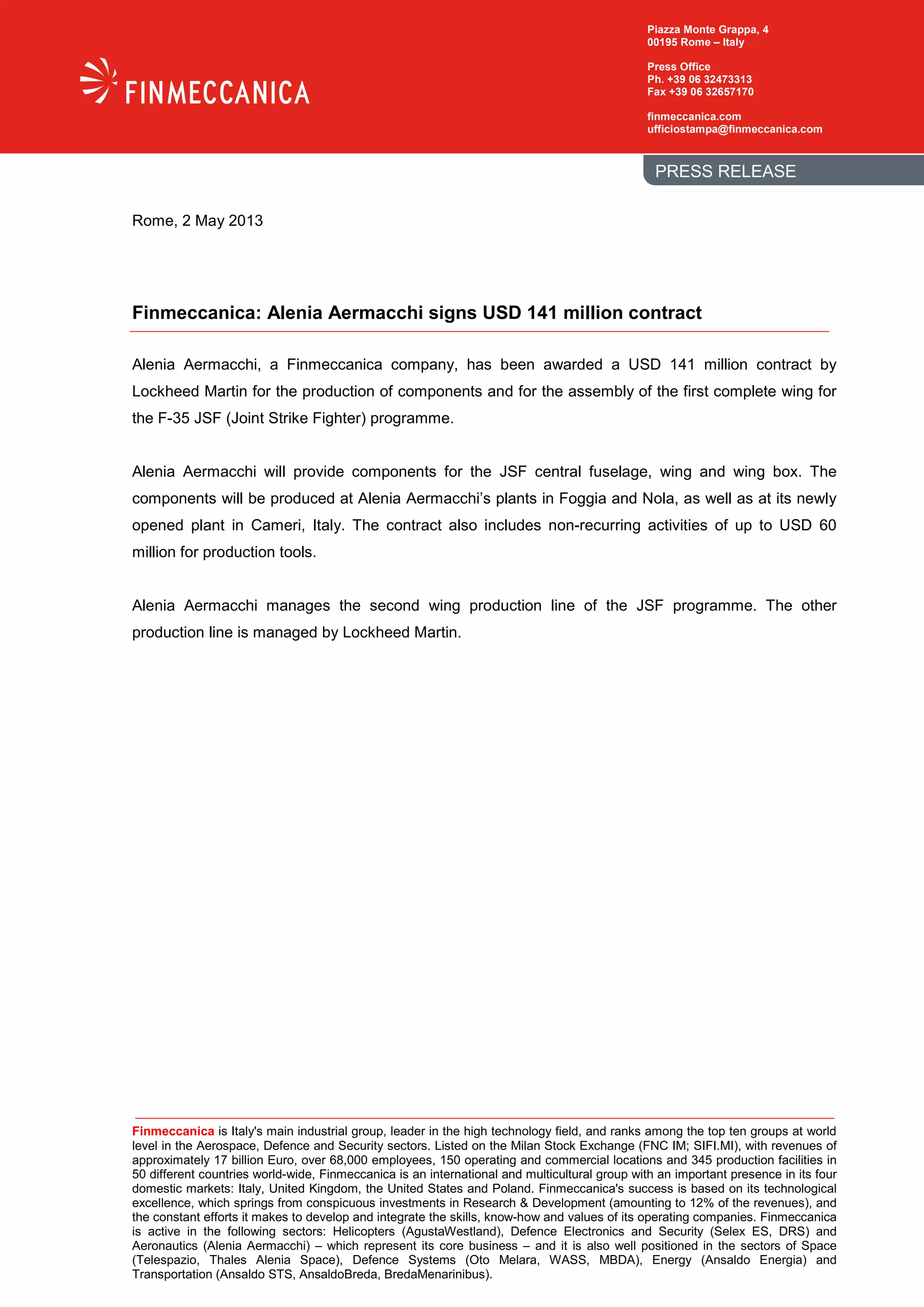 Finmeccanica: Alenia Aermacchi signs USD 141 million contract | PDF