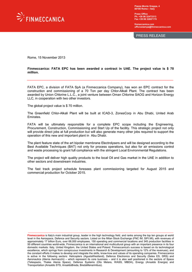 Finmeccanica: FATA EPC has been awarded a contract in UAE | PDF