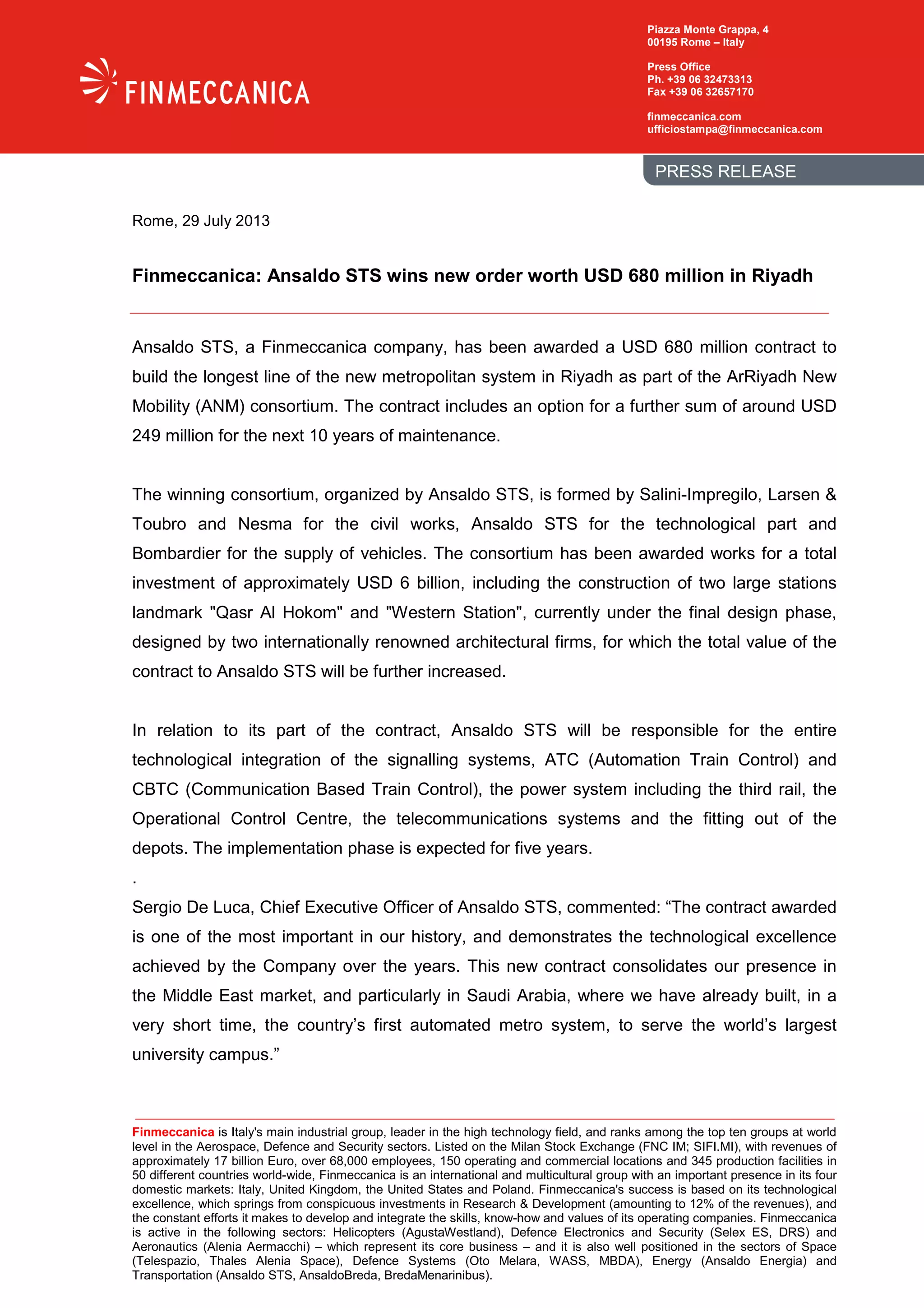 Finmeccanica: Ansaldo STS wins new order worth USD 680 million in ...