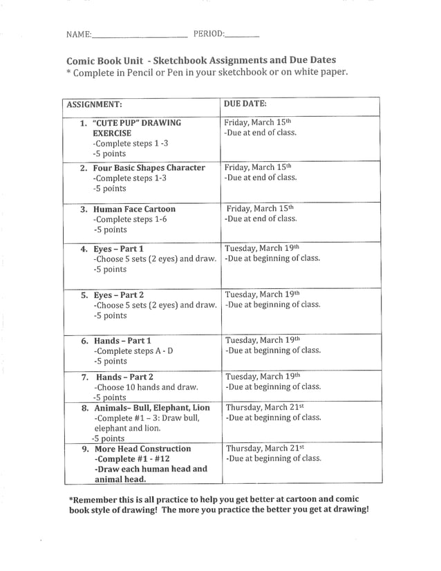 Comic sketchbook assignments | PDF