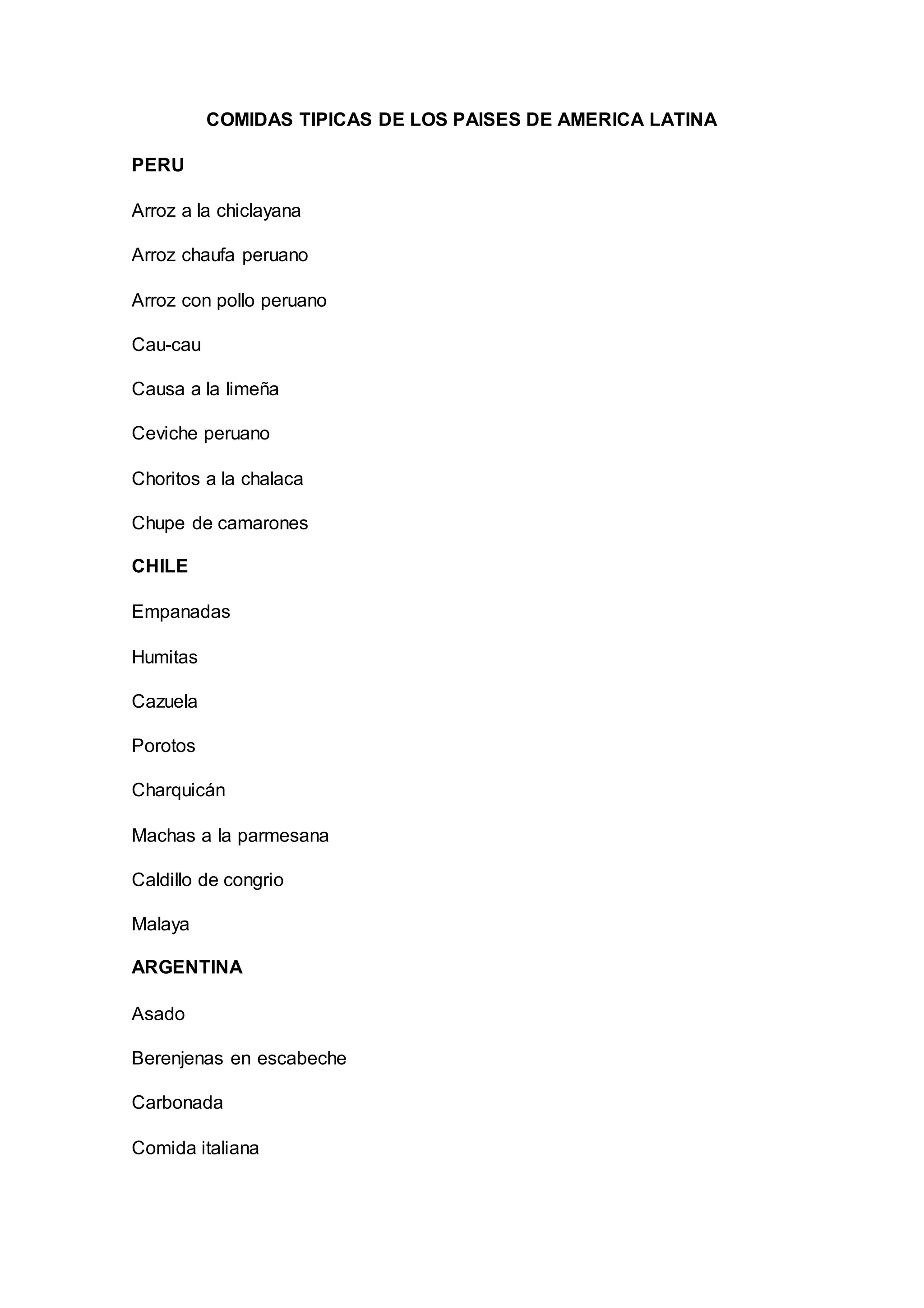 Comidas tipicas de los paises de america latina | DOCX