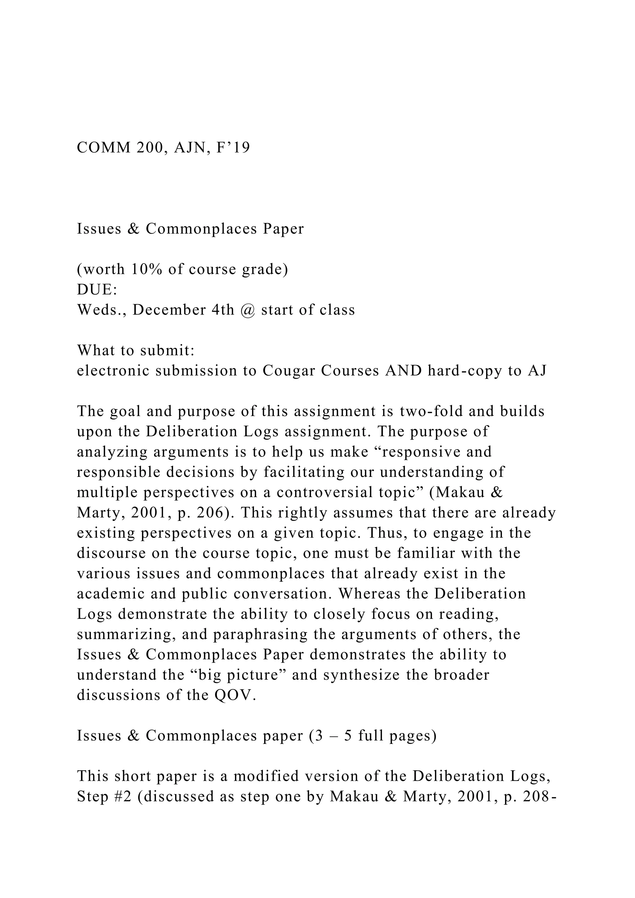 COMM 200, AJN, F’19 Issues & Commonplaces Paper (wor.docx