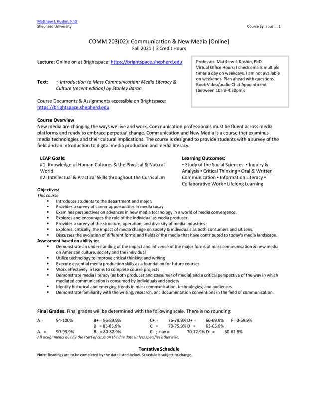 Introduction To Mass Communication Course Syllabus Pdf
