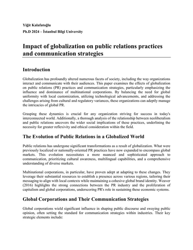 Impact of globalization on public relations practices and communication strategies. | DOCX ...