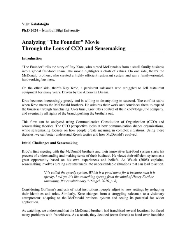 Analyzing "The Founder" Movie Through the Lens of CCO and Sensemaking ...