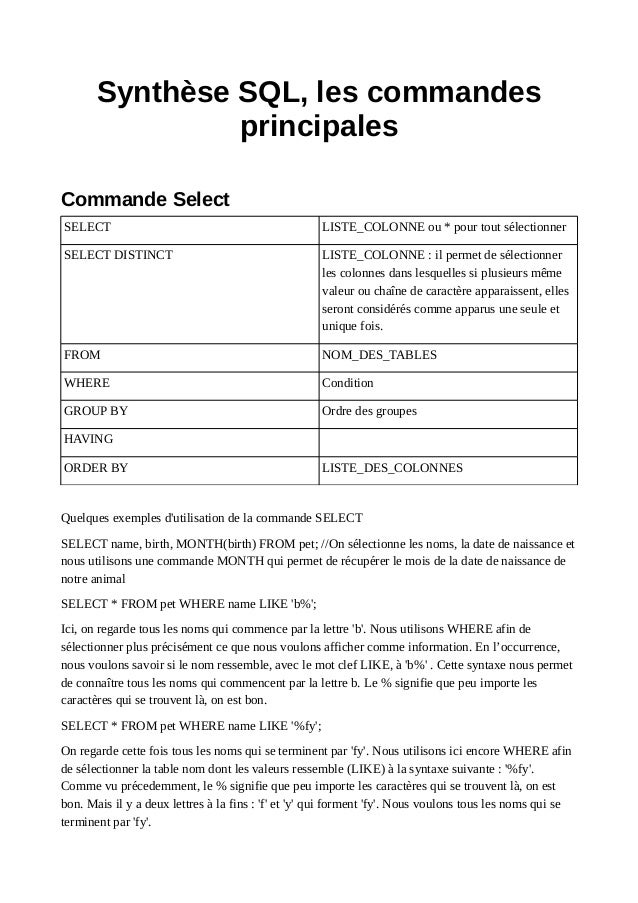 Synthèses Sur Le Sql Les 4 Principales Commandes