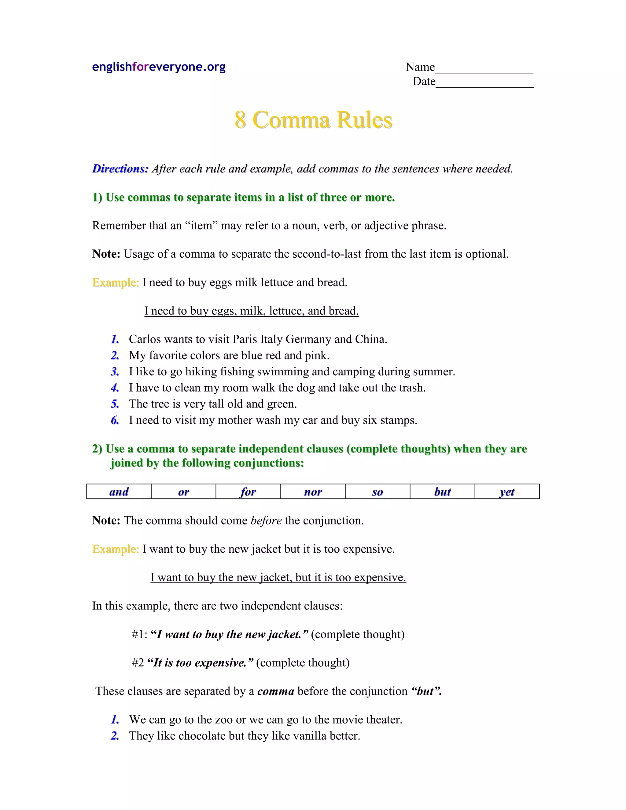 Commas Worksheet | PDF