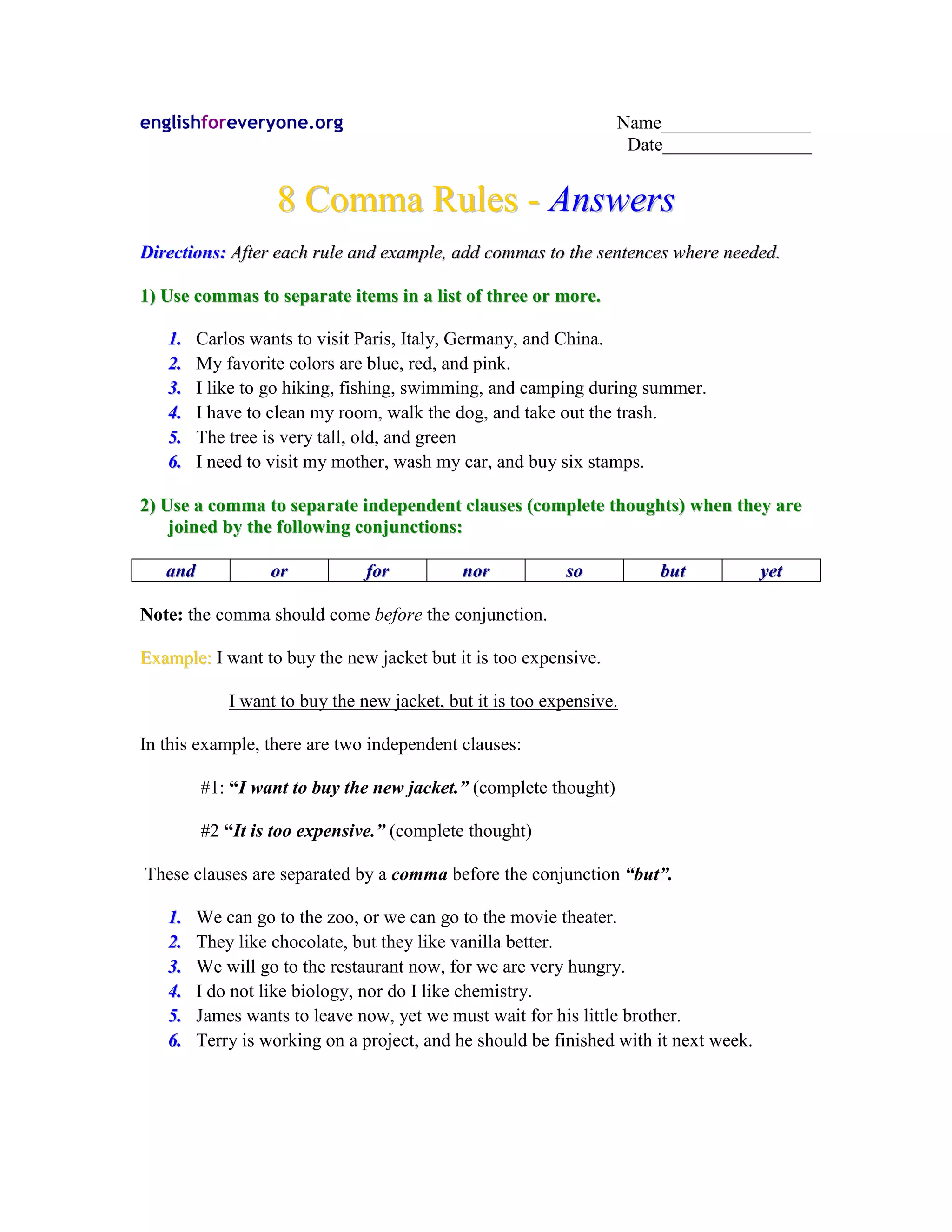 Commas - Answers | PDF