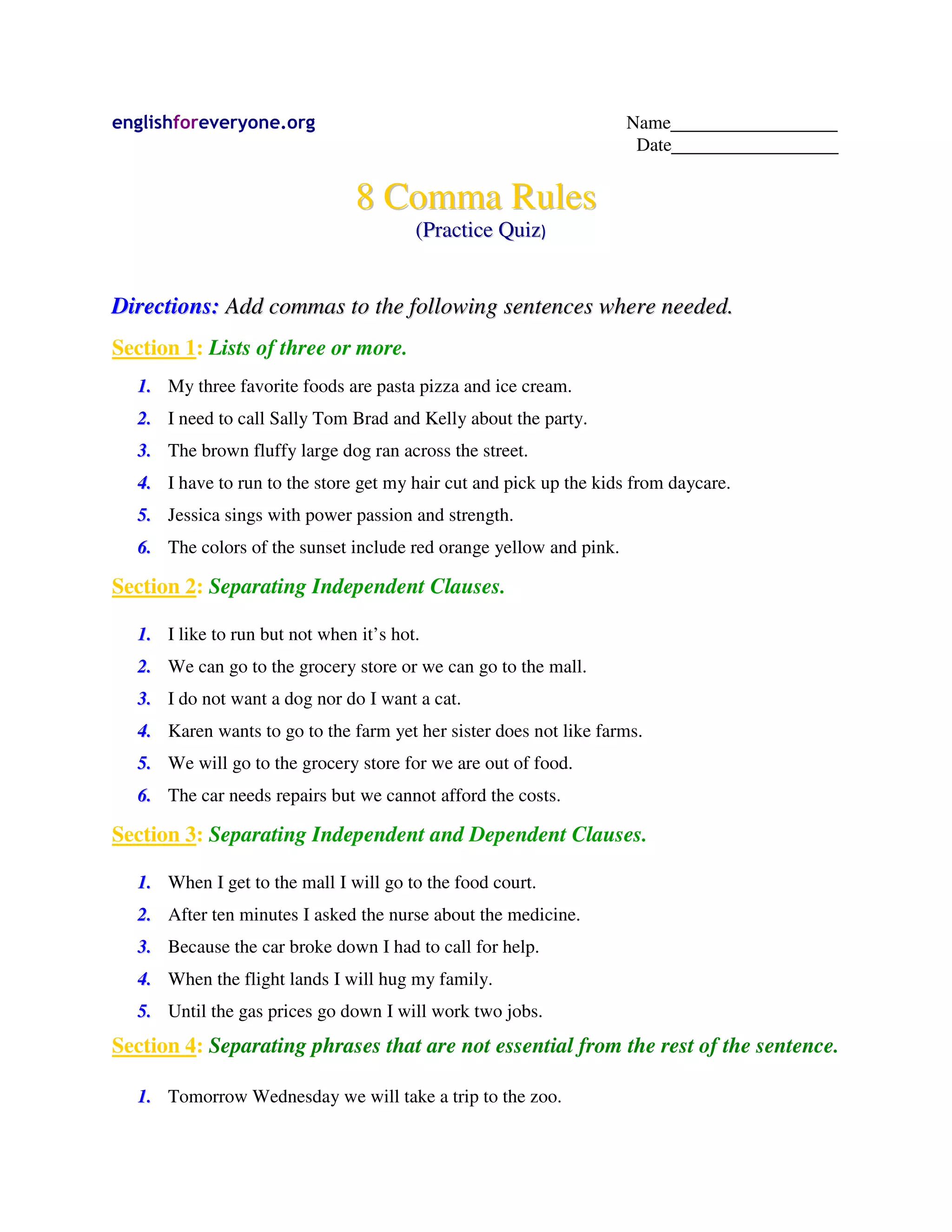 Commas practice quiz | PDF