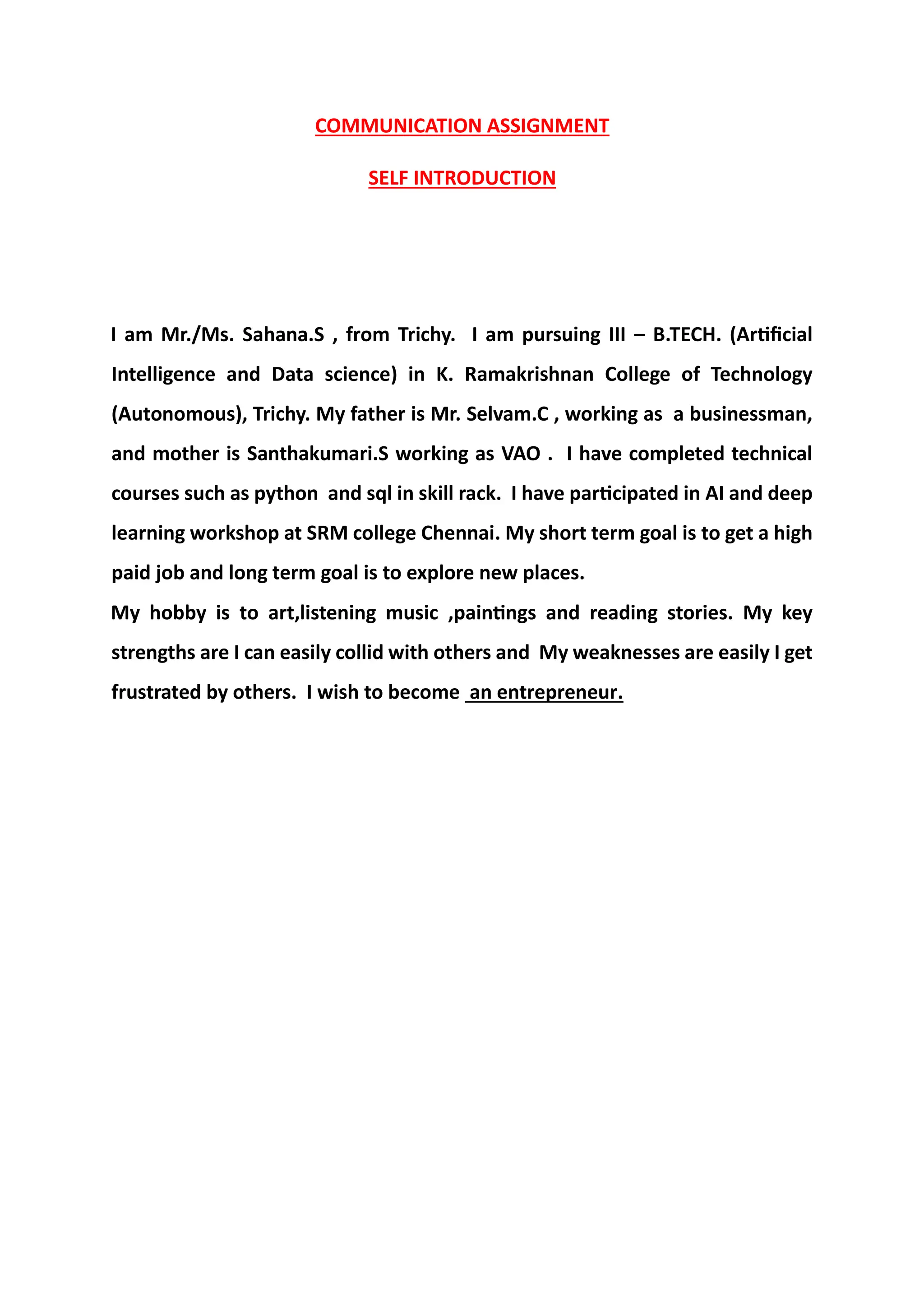 Communication assignment - self introduction | PDF