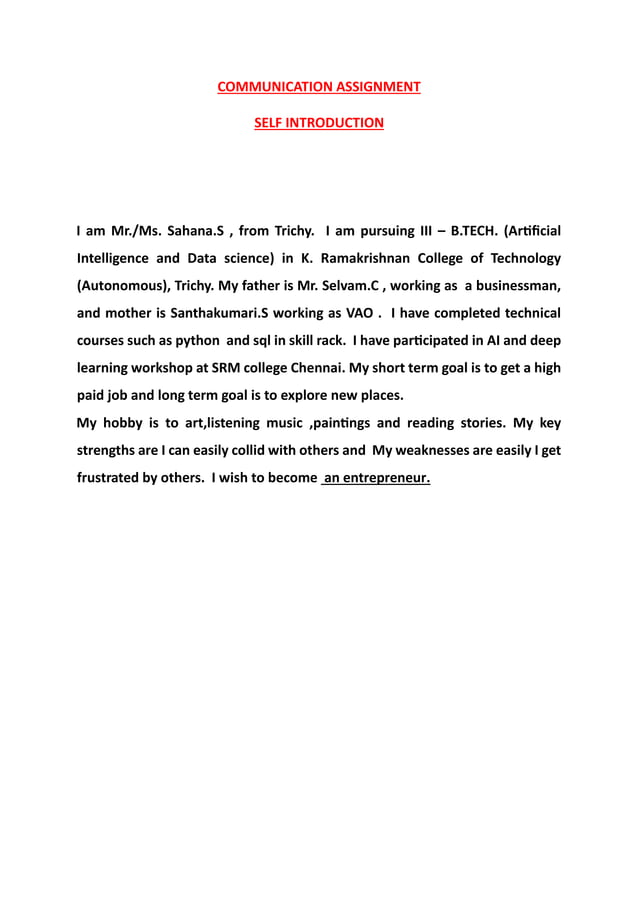 Communication assignment - self introduction | PDF