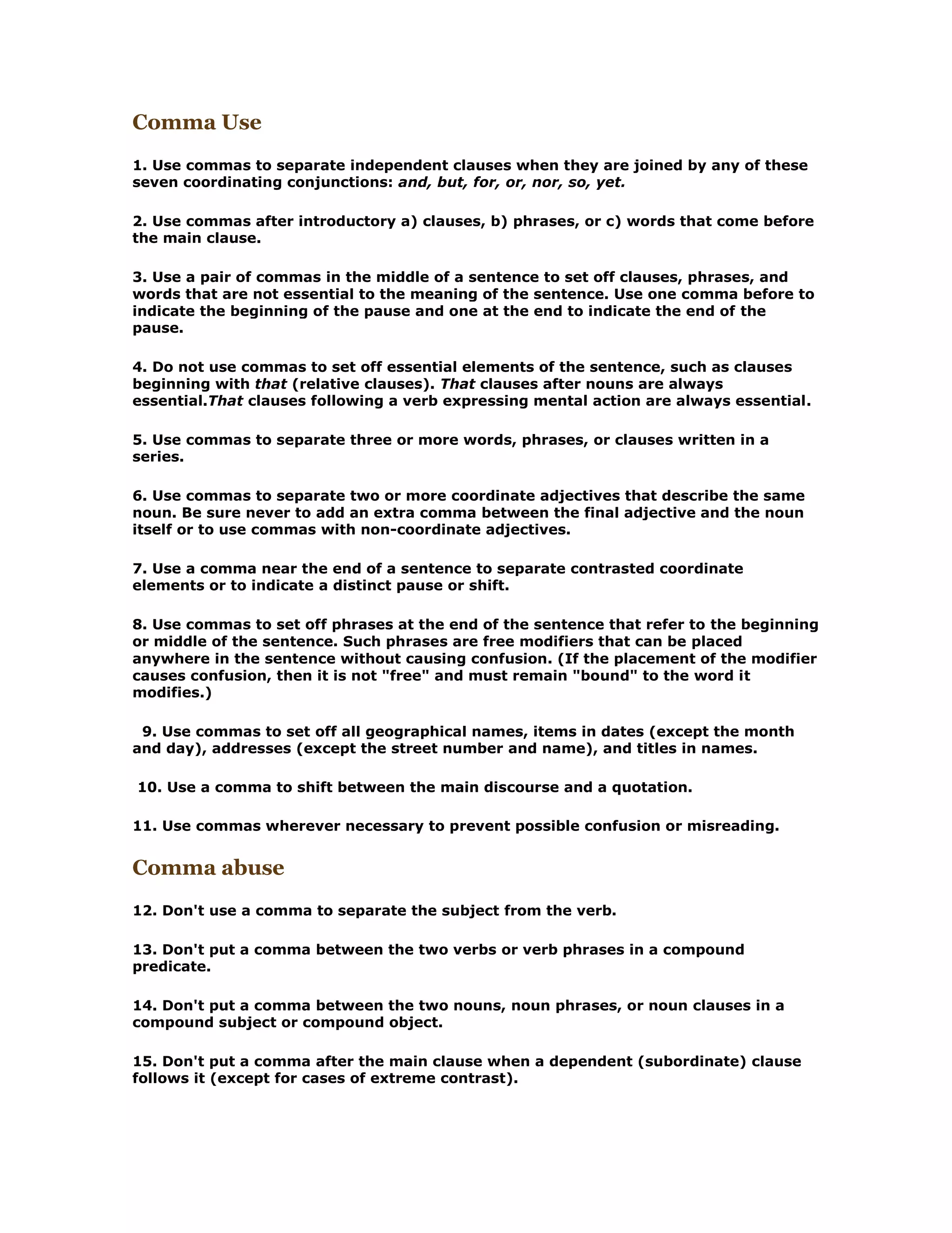 Comma use 15 rules and quick rules | DOCX