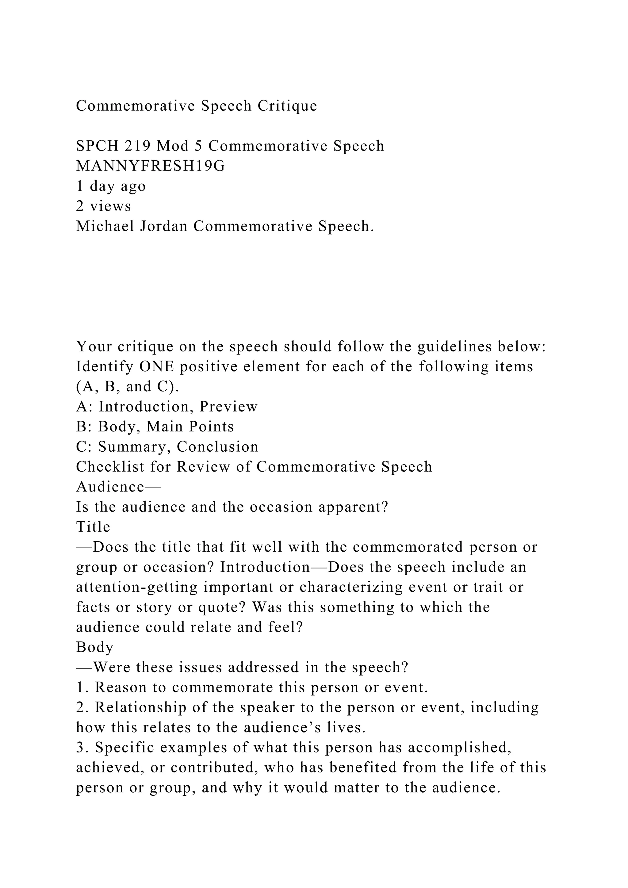 Commemorative Speech CritiqueSPCH 219 Mod 5 Commemorative Speech.docx