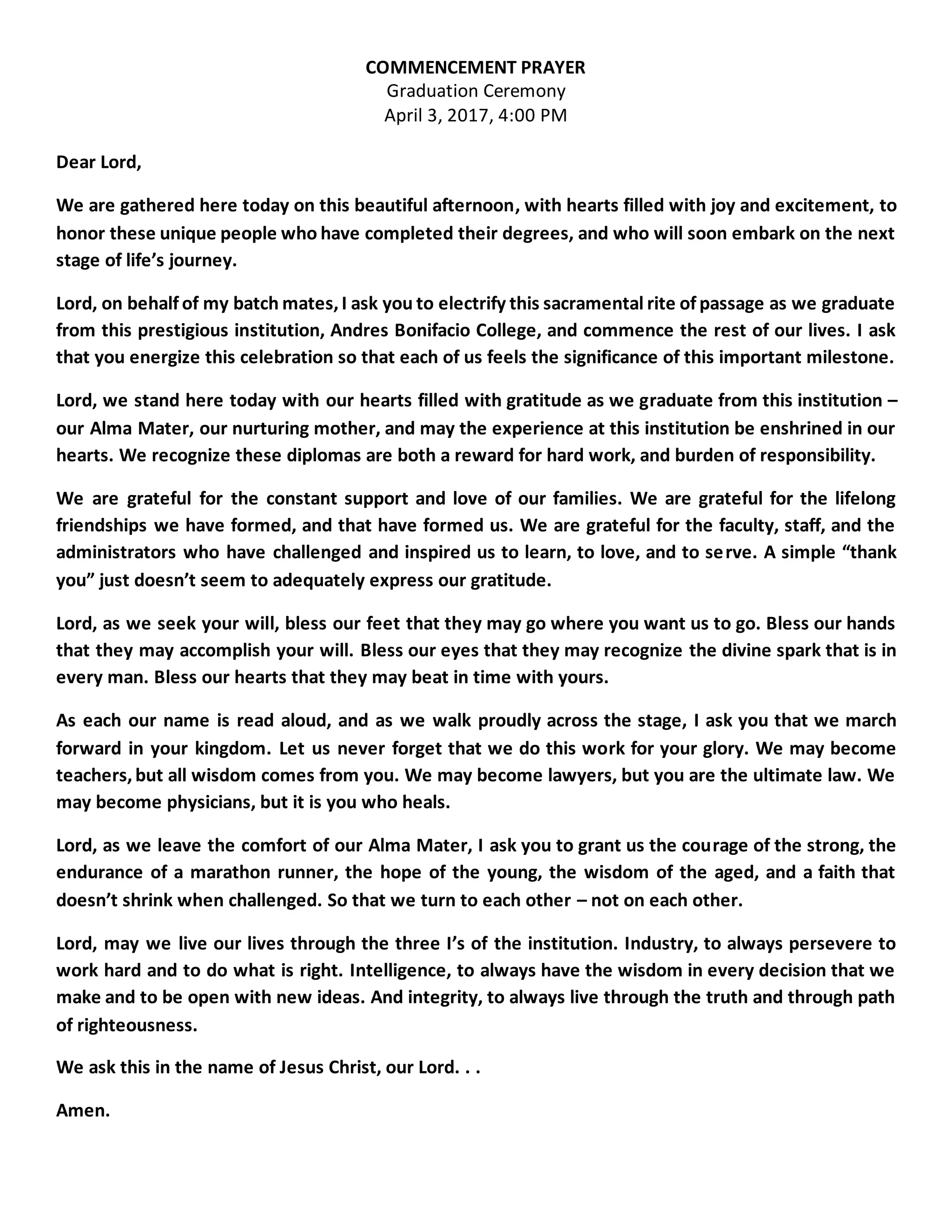 Commencement Prayer (Graduation Ceremony) | PDF