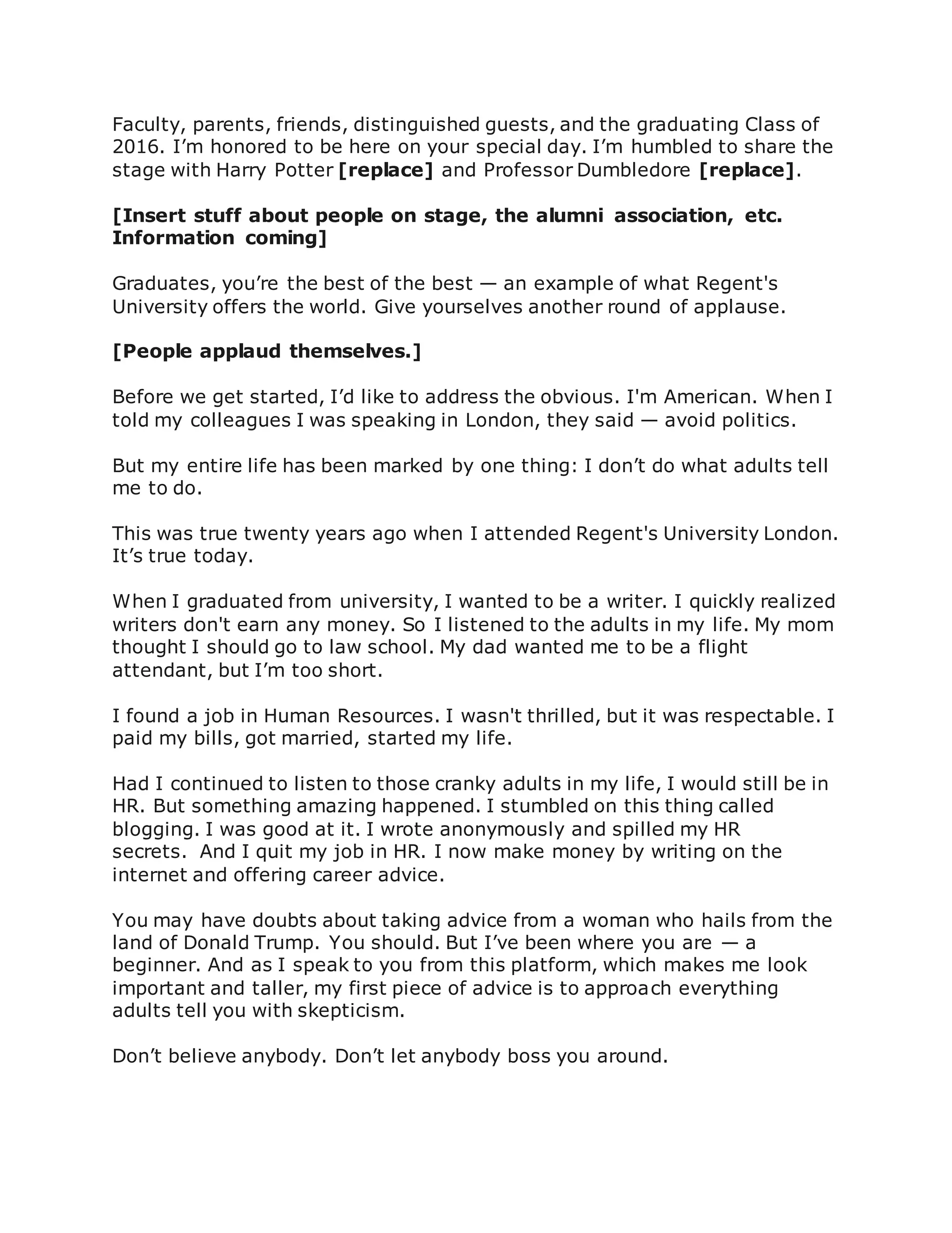 Commencement Alumni Address for Graduates at Regent's College London | PDF