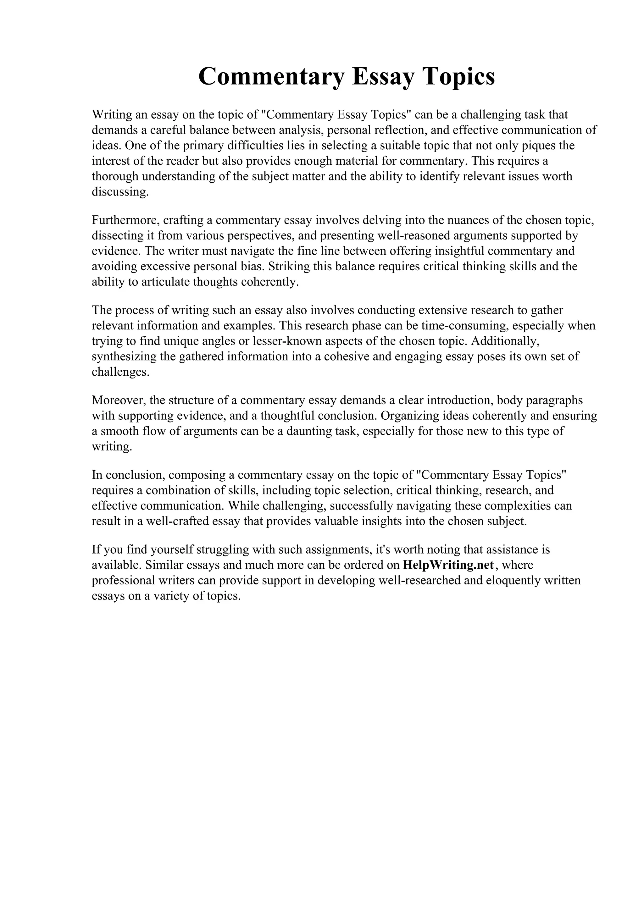 Commentary Essay Topics | PDF